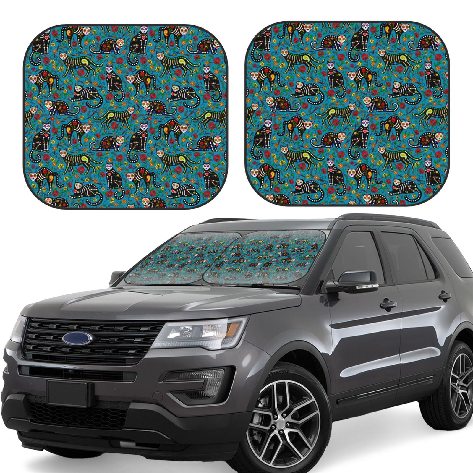 Naloa skull black cats in mexican Print 2-Piece Windshield Sunshade ...