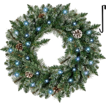 GDF Studio Christmas Wreath with Frosted Needles, Red Berries, Pine ...