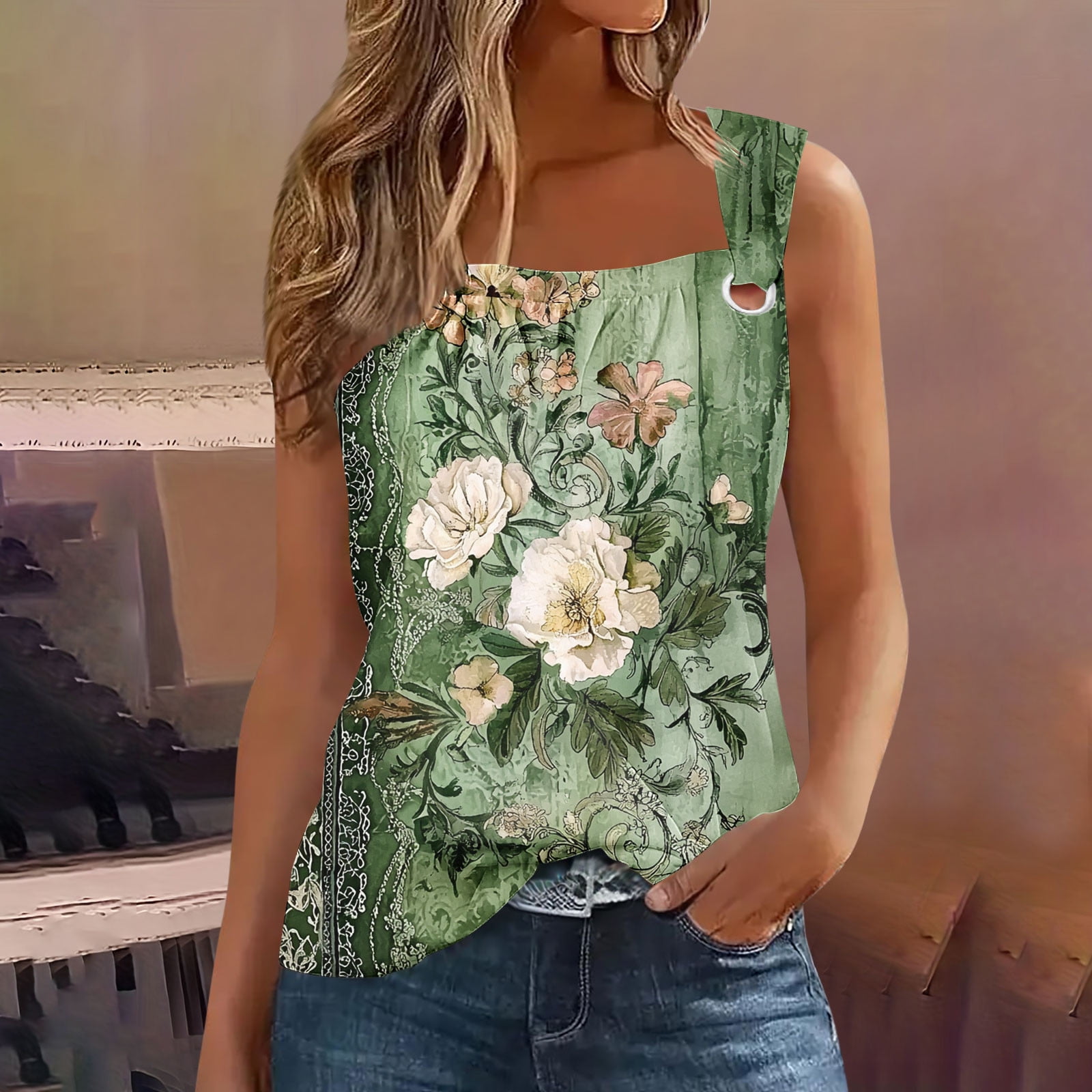 Namayuj Women's Vintage Floral Print Tank Tops Sleeveless O-Ring Strap ...