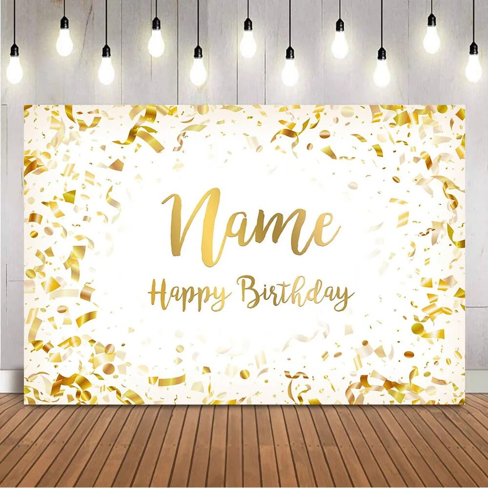 Name Happy Birthday Customize Background Party Golden Confetti Photo Backdrop Adult Theme Party ...