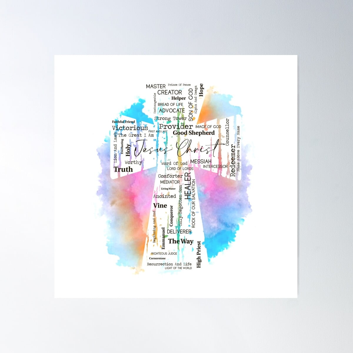 Names Of Jesus Word Art Cross Rainbow Poster Wall Art, Modern Wall ...
