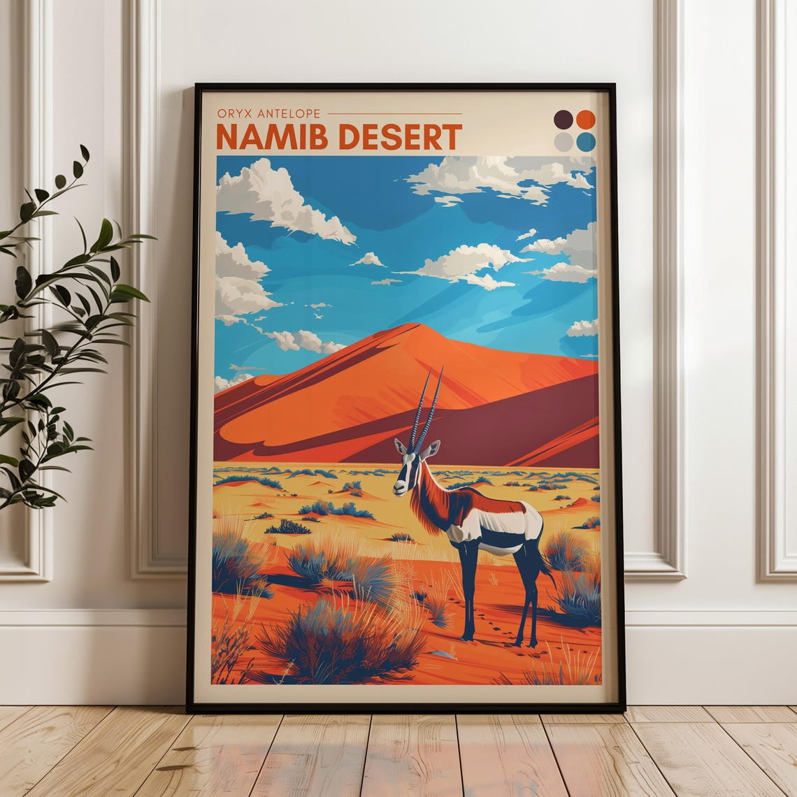 Namib Desert Travel Poster - Oryx Antelope Wall Art Print, Illustration ...