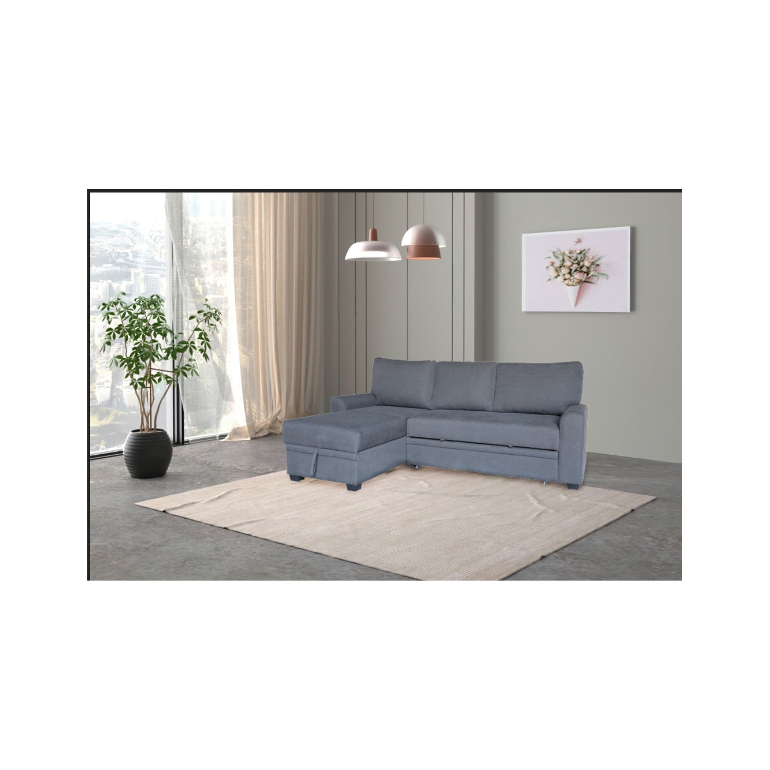 Namir 90.5"W Gray Flannel Fabric Sleeper Sectional Left-Facing Storage ...