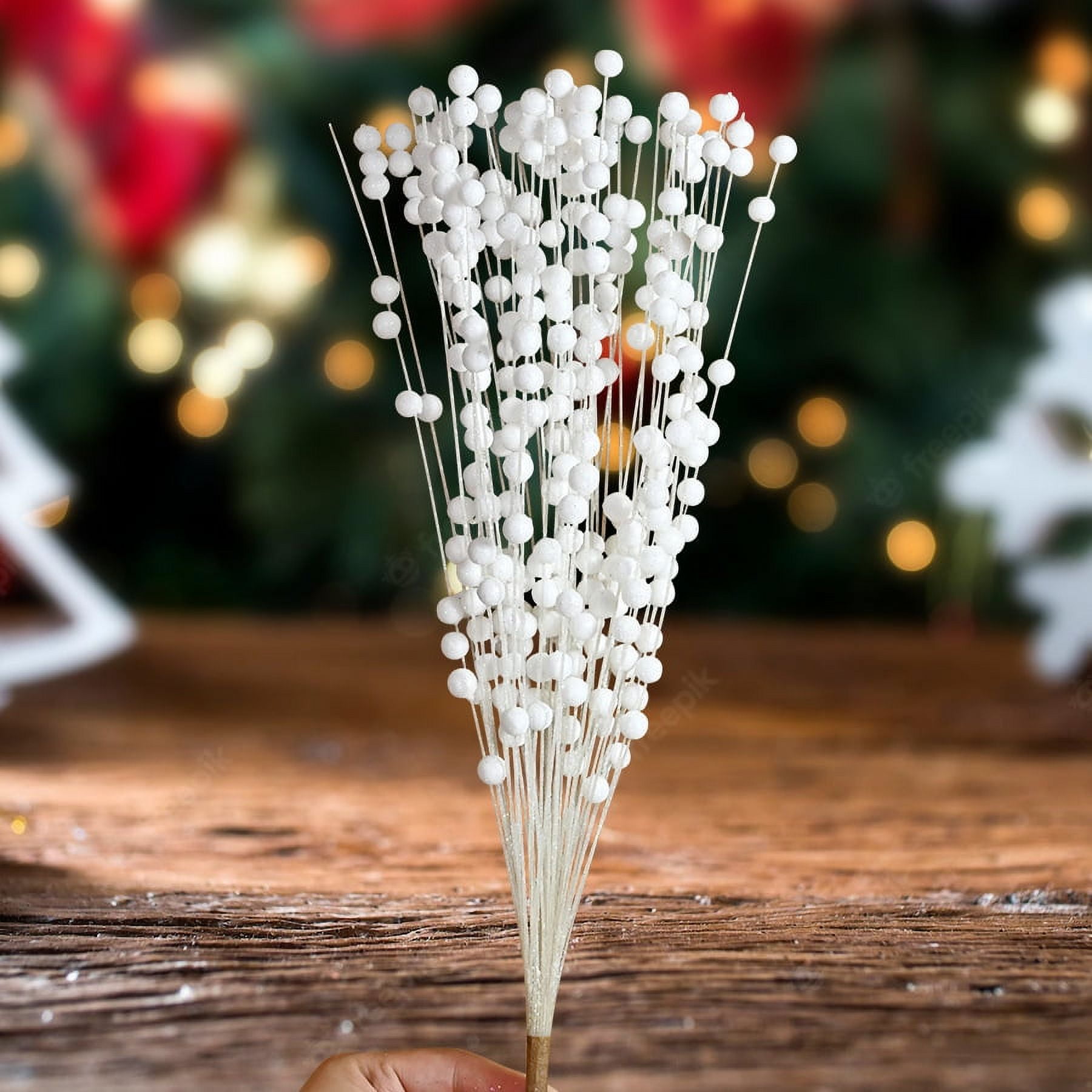 NAMZI 3 Pack White Artificial Glitter Berry Stems 15.7" Fake Decorative ...