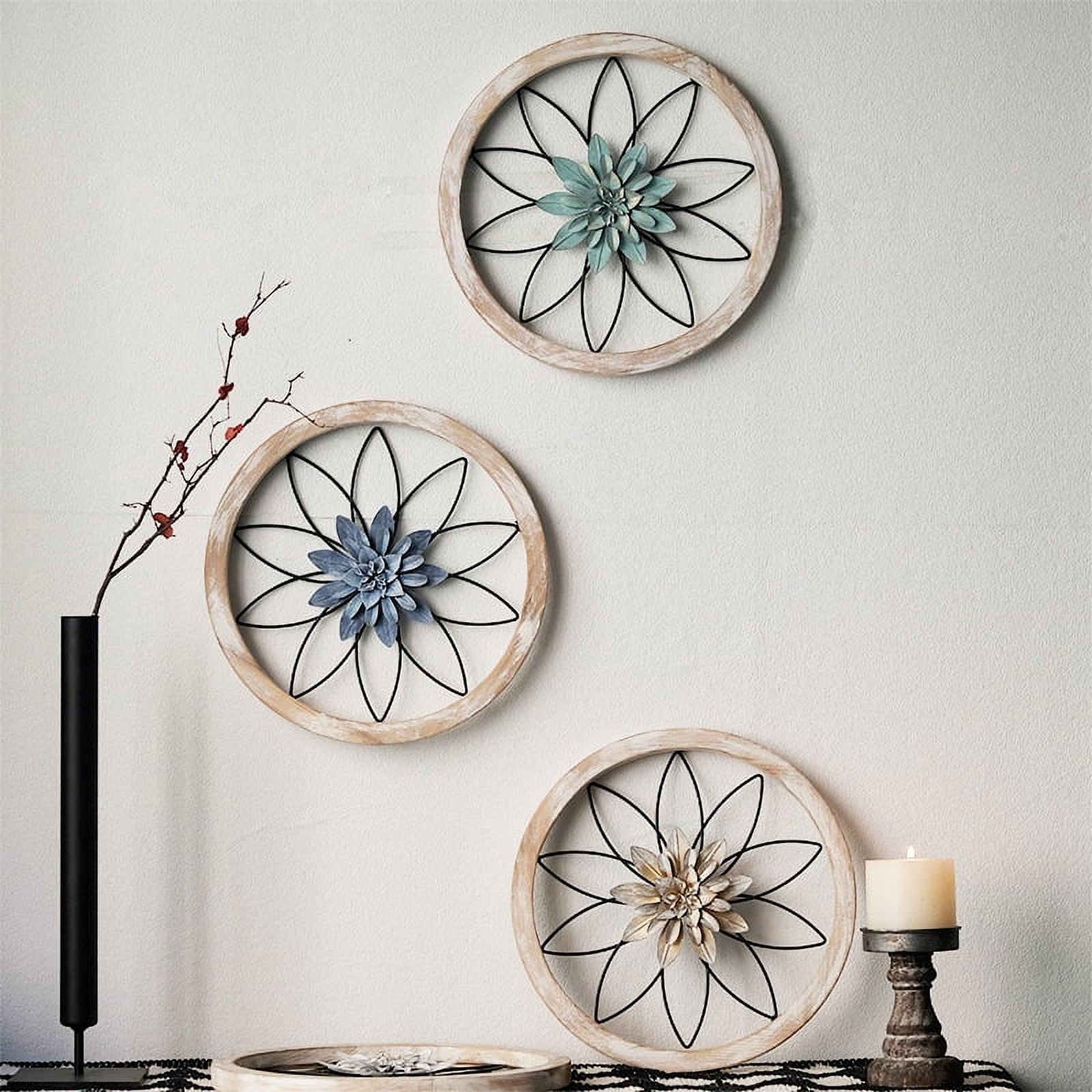 Namzi 3pcs Round Farmhouse Wall Decor 11.81'' Wood & Metal Rustic Wall ...