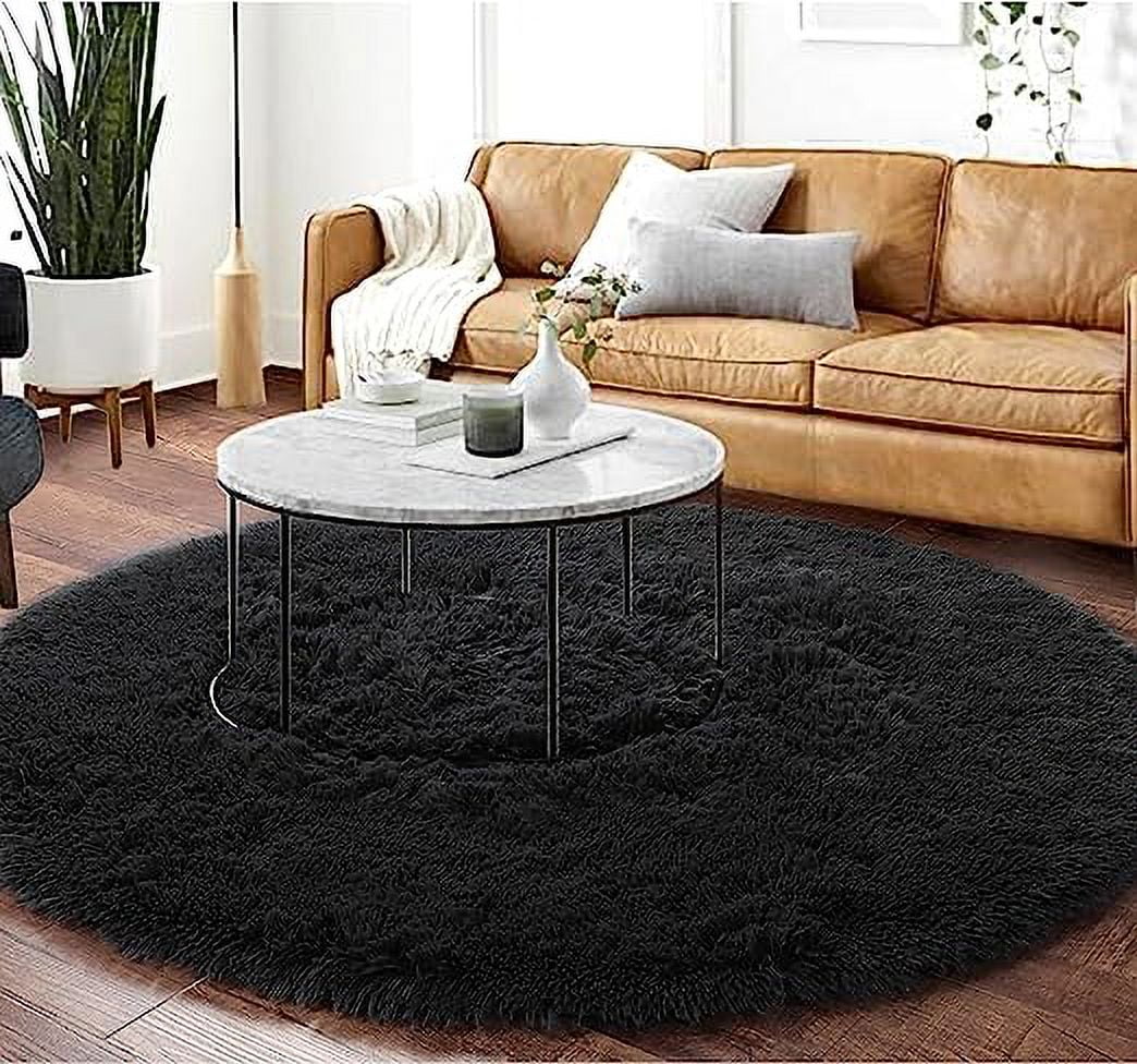 Namzi Black Round Rug for Bedroom,Fluffy Circle Rug 2'X2' for Kids Room ...