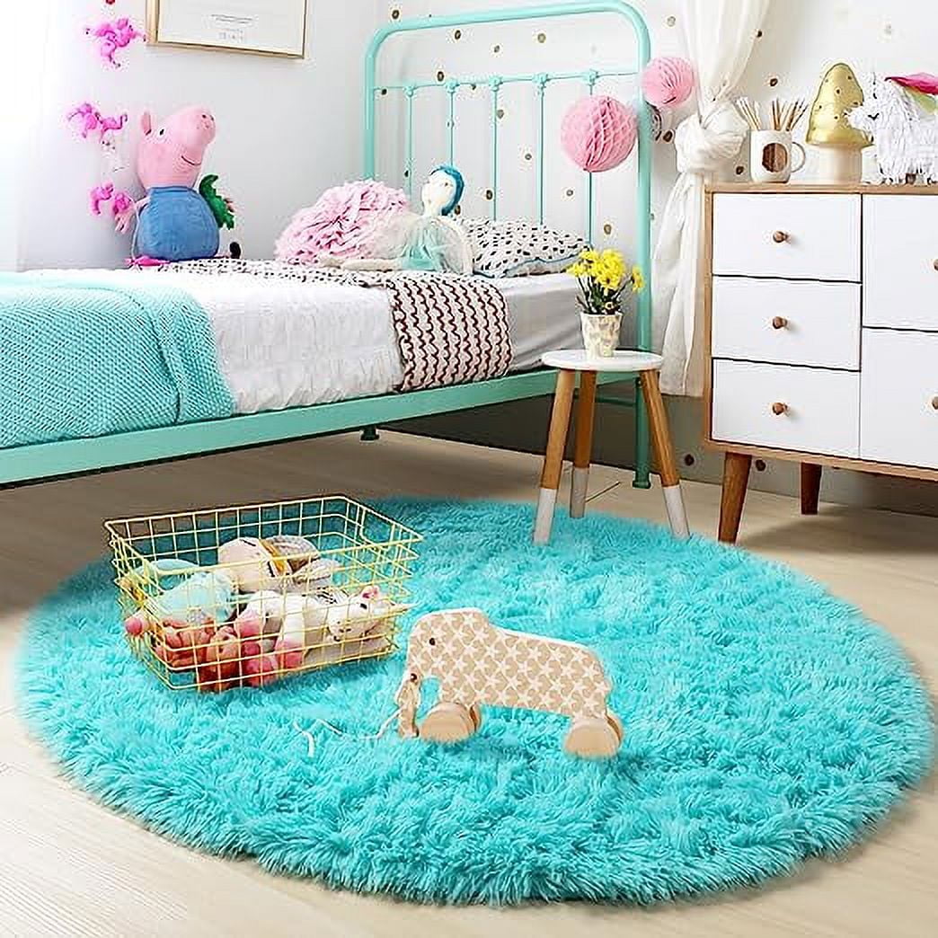 Namzi Blue Round Rug for Bedroom,Fluffy Circle Rug 2'X2' for Kids Room ...