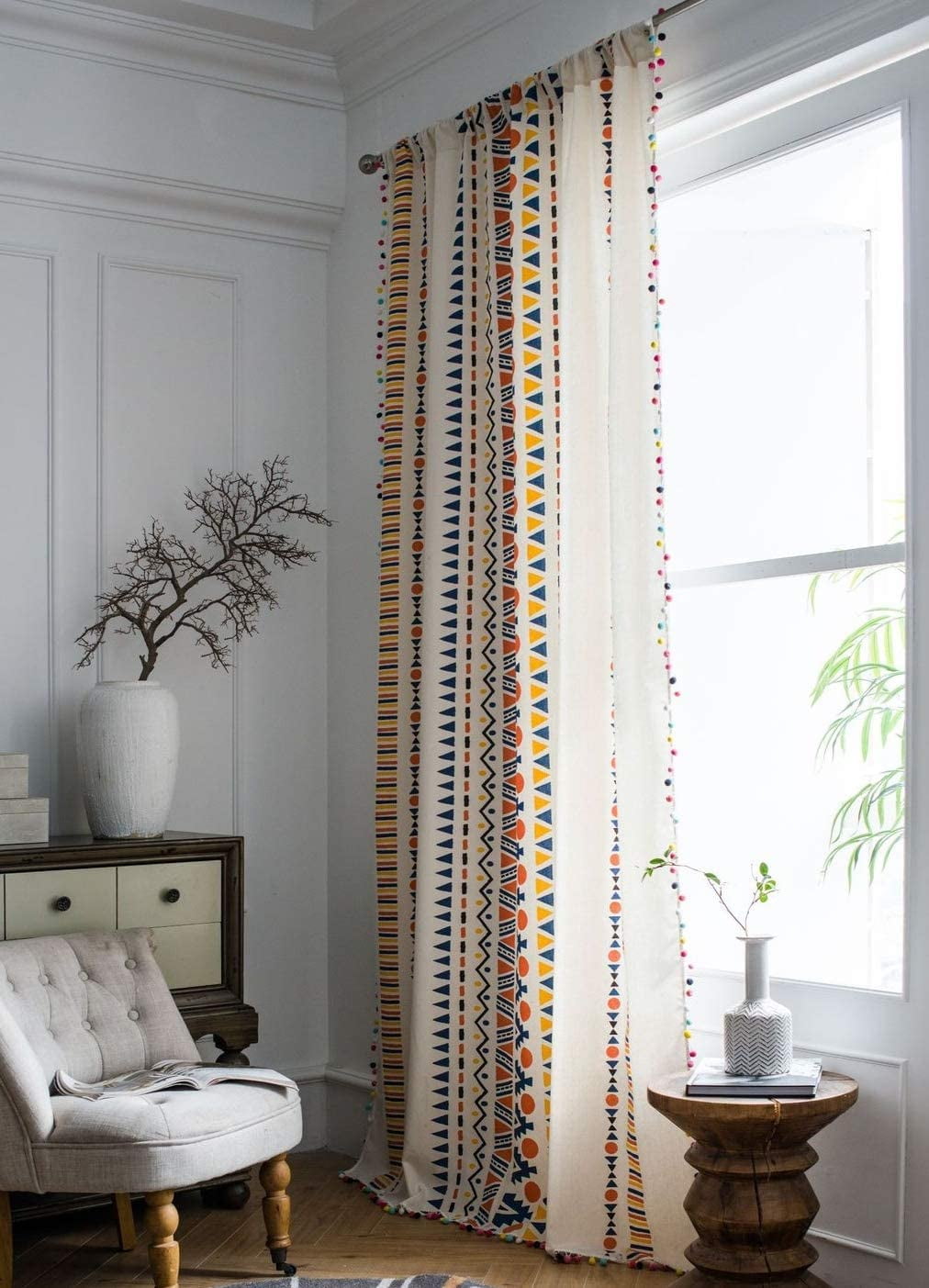 Namzi Boho Chic Cotton Linen Window Curtain Panel with Colorful Pom Pom ...