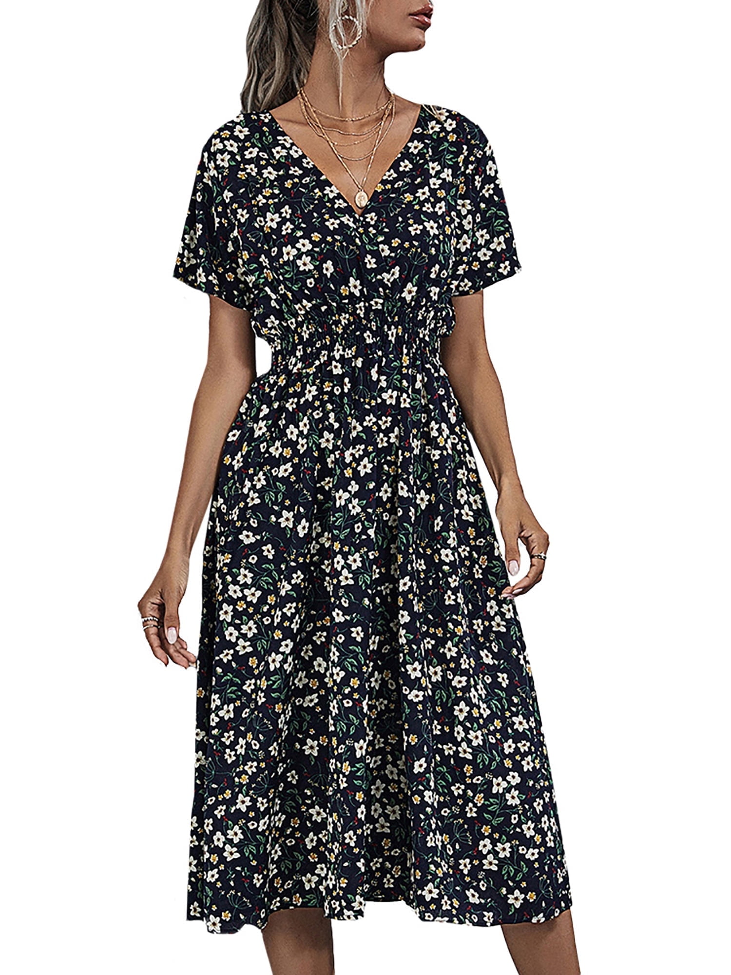 Nananla Bohemian Floral Dress Women Vocation Beach Floral Chiffon Dress ...