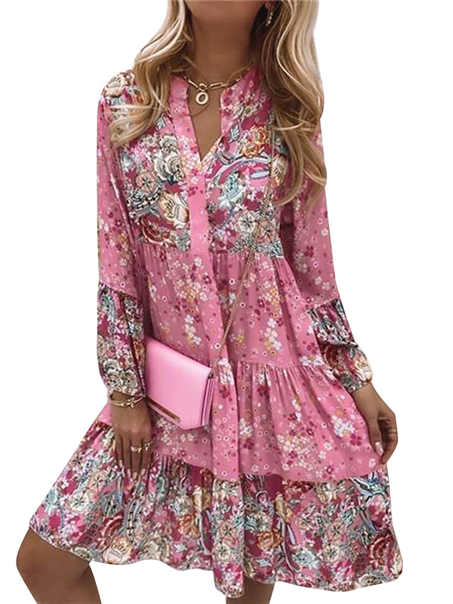 Nananla Vocation Women Ethnic Floral Print 3/4 Sleeve V-Neck Knee ...