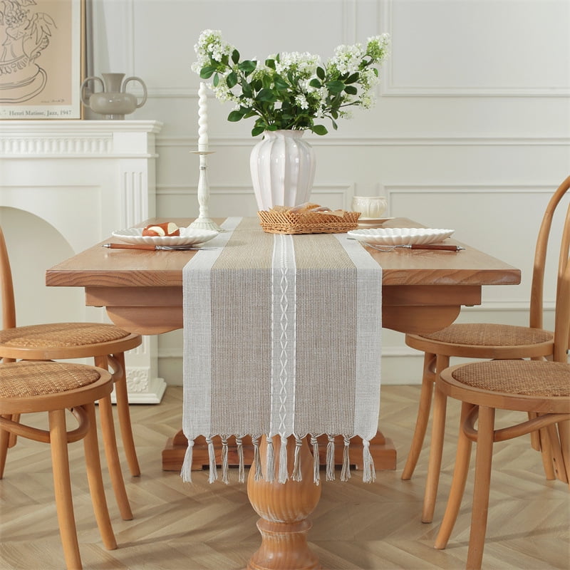Nanbowan Farmhouse Style Table Runner with Hand-Tassels, Rustic Linen ...