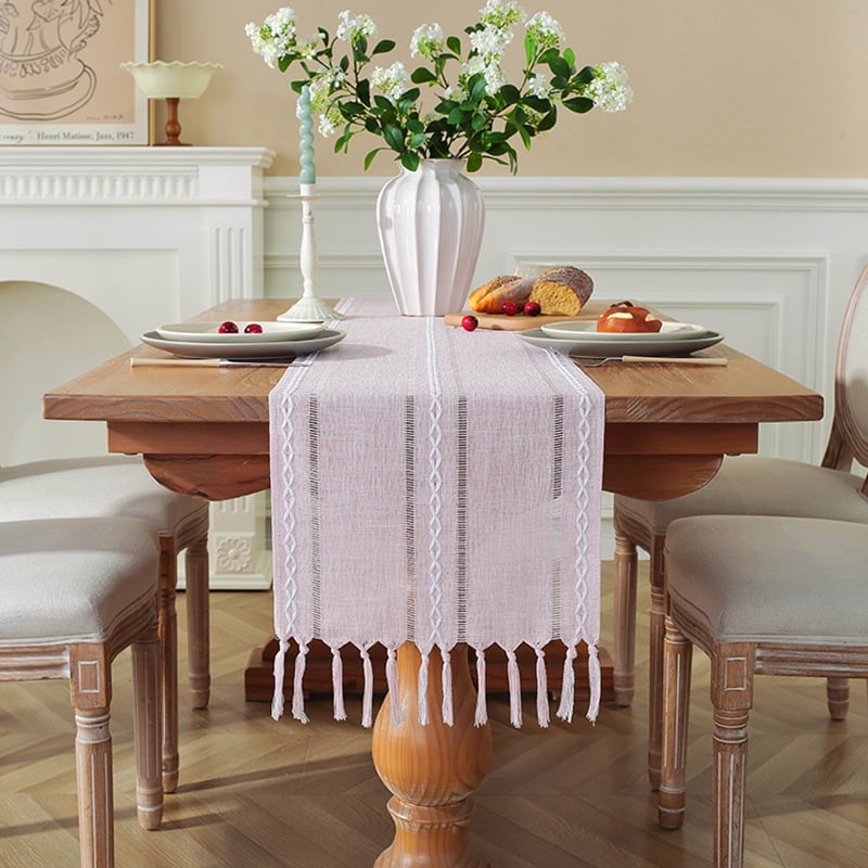 Nanbowan Farmhouse Style Table Runner with Hand-Tassels, Rustic Linen ...