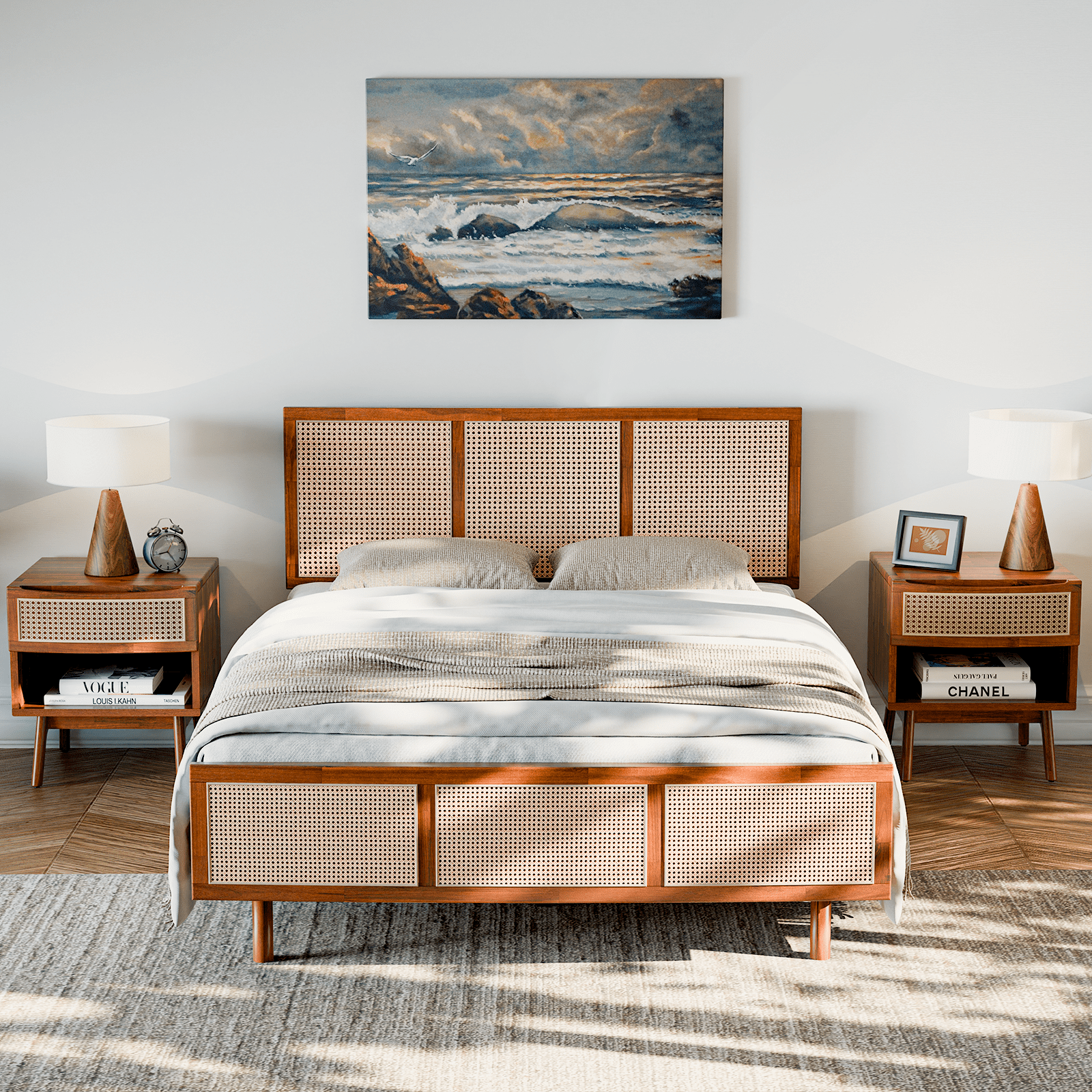 Nancy 43" Queen Platform Bed Frames with Woven Rattan Headboard, Mid ...