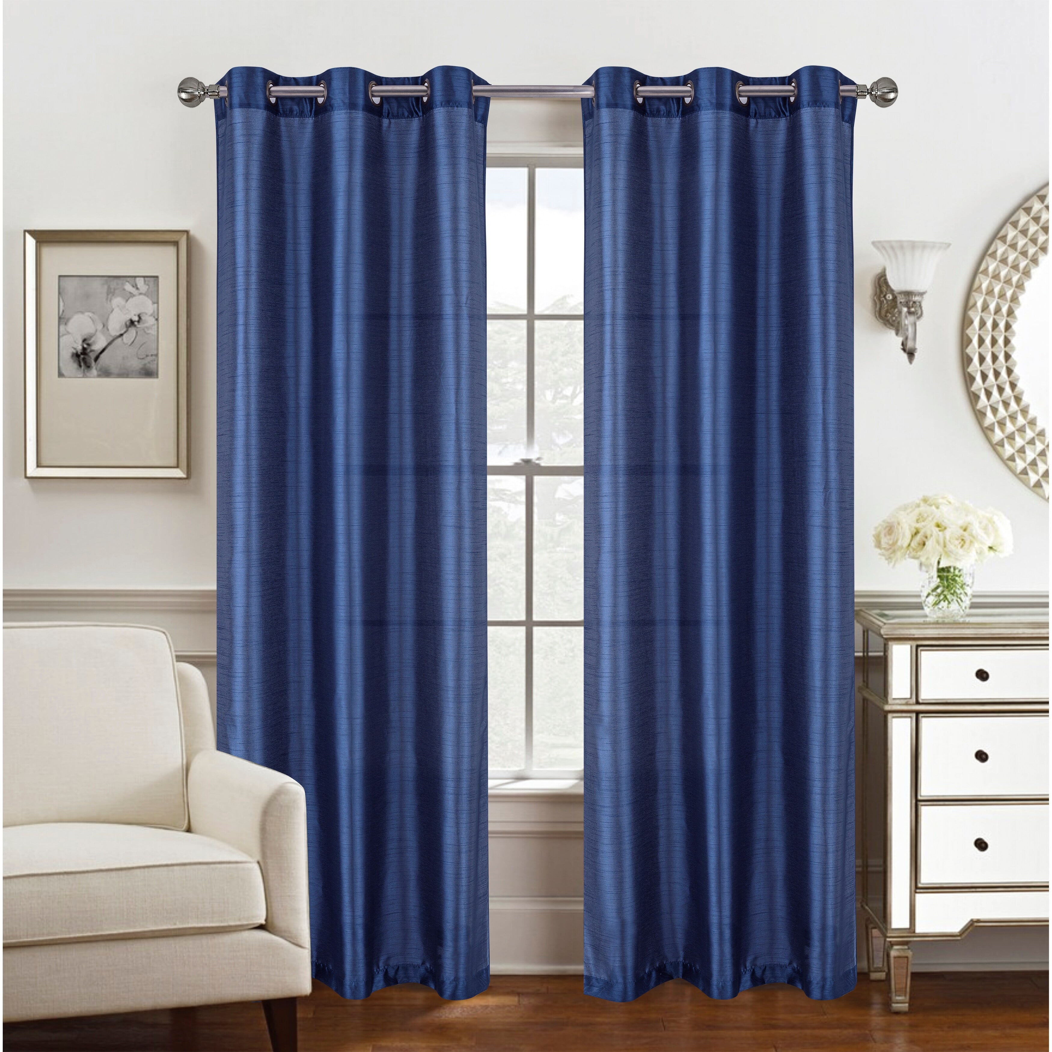 Nancy Faux Silk Window Curtain Panel Set Navy - Walmart.com