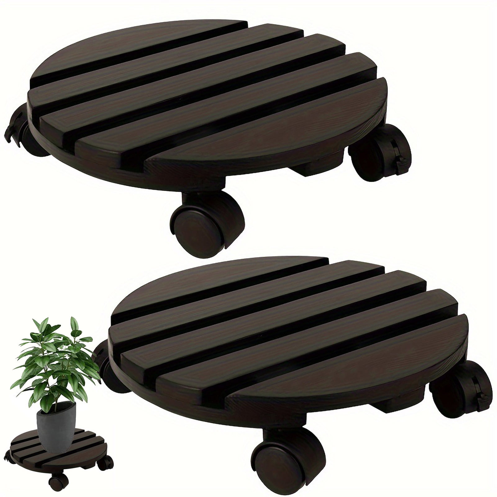 Nanly 2-Pack 12" Plant Caddy Plant Stand with Wheels, Heavy Duty Wood Rolling Plant Stand with ...