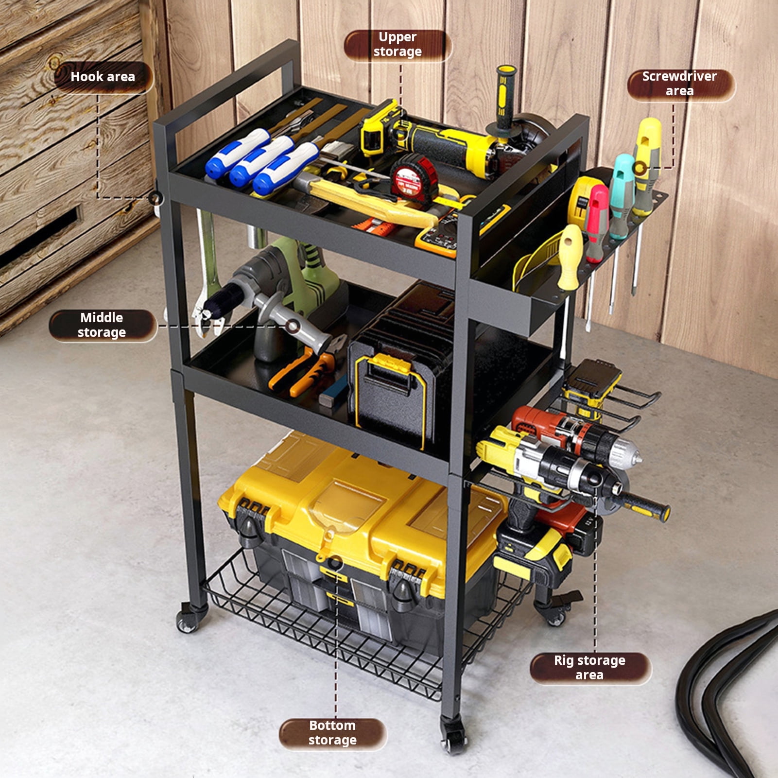 Nanly 3 Layers Power Tool Organizer Cart, Heavy Duty with 4 Rotating ...