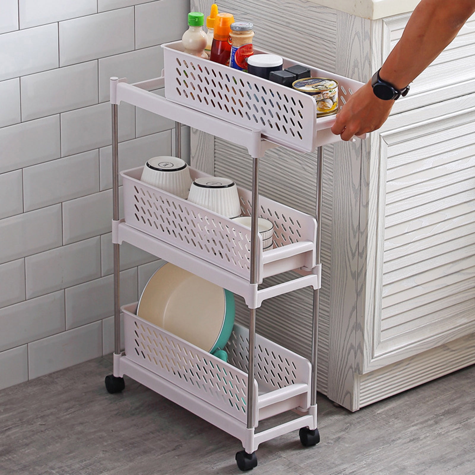 Nanly 3-Tier Rolling Storage Cart, Mobile Shelving Unit Organizer Slide ...