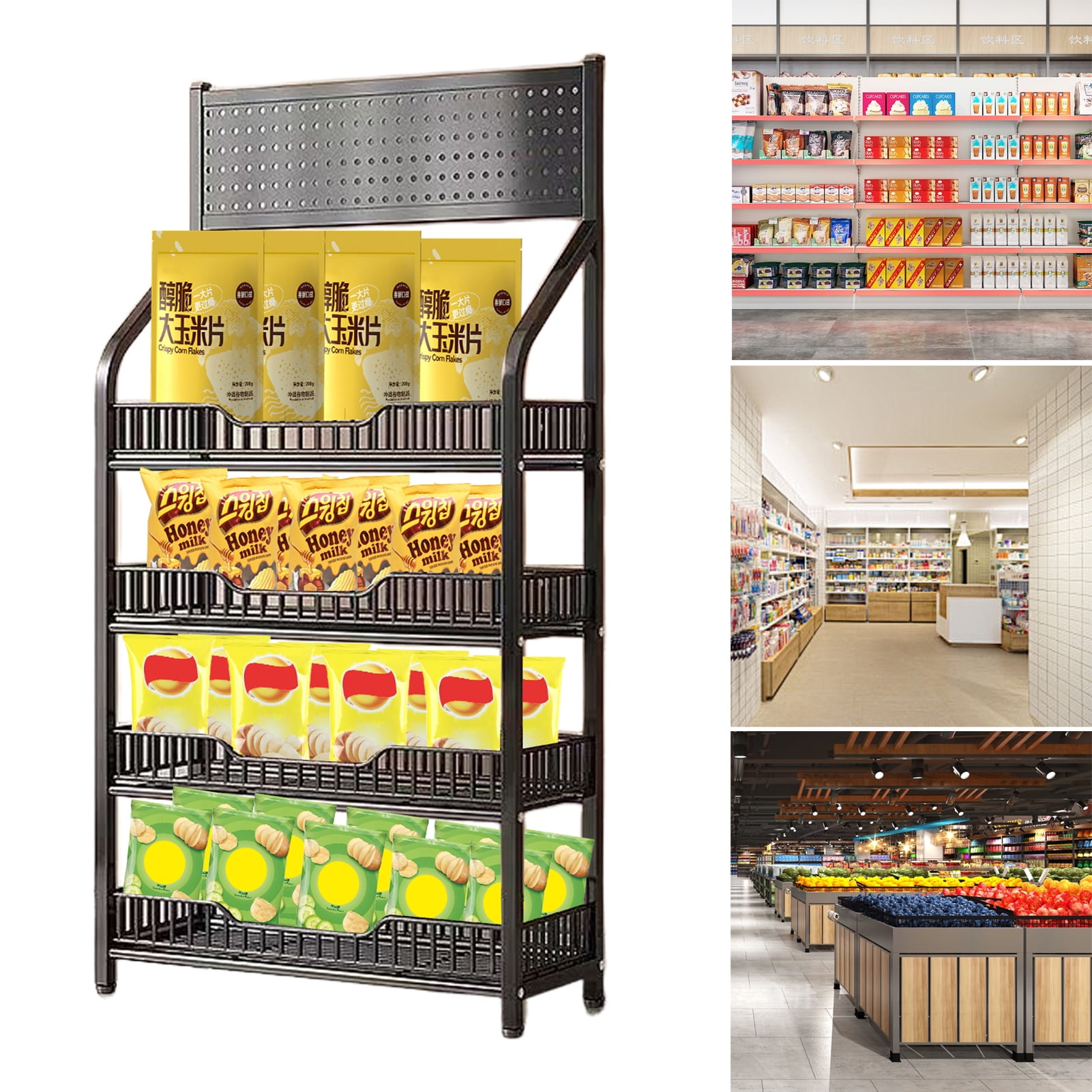 Nanly 4 Tier Snack Rack Display Stand, Metal Retail Candy Display Rack with Wheels, Removable ...