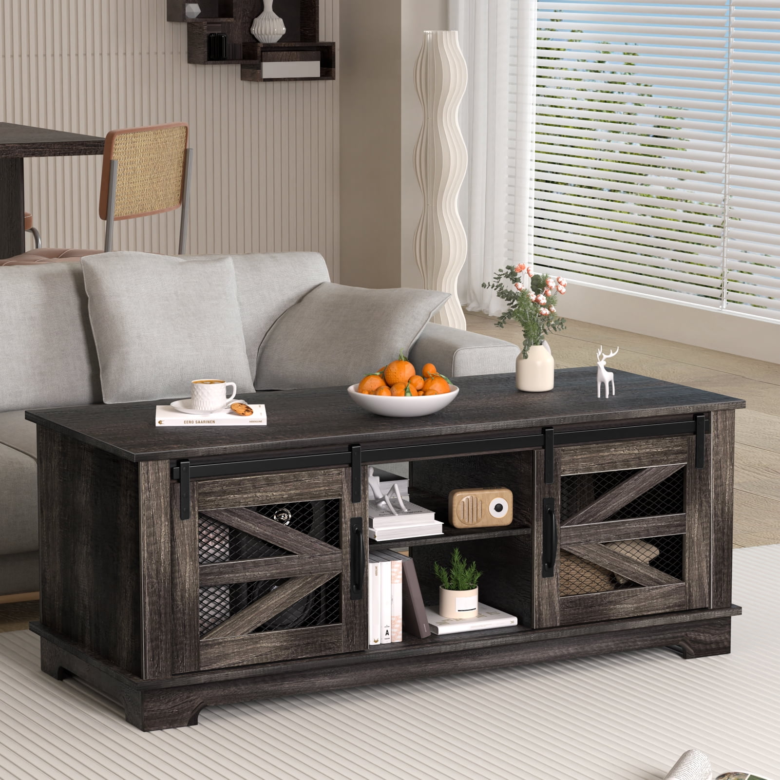 Nanly Coffee Table with Storage & Sliding Barn Doors, Barn Style Coffee ...