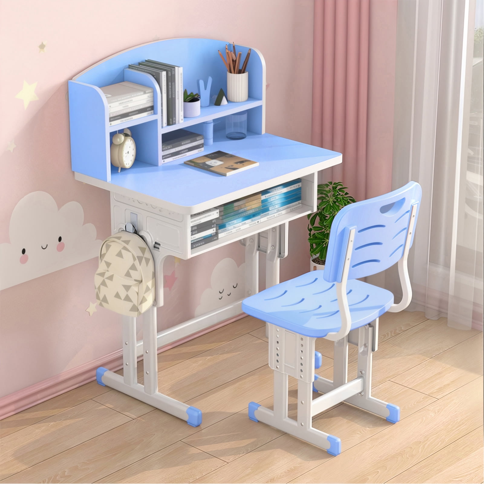 Nanly Kids Study Desk with Chair, Height Adjustable Partition Design ...