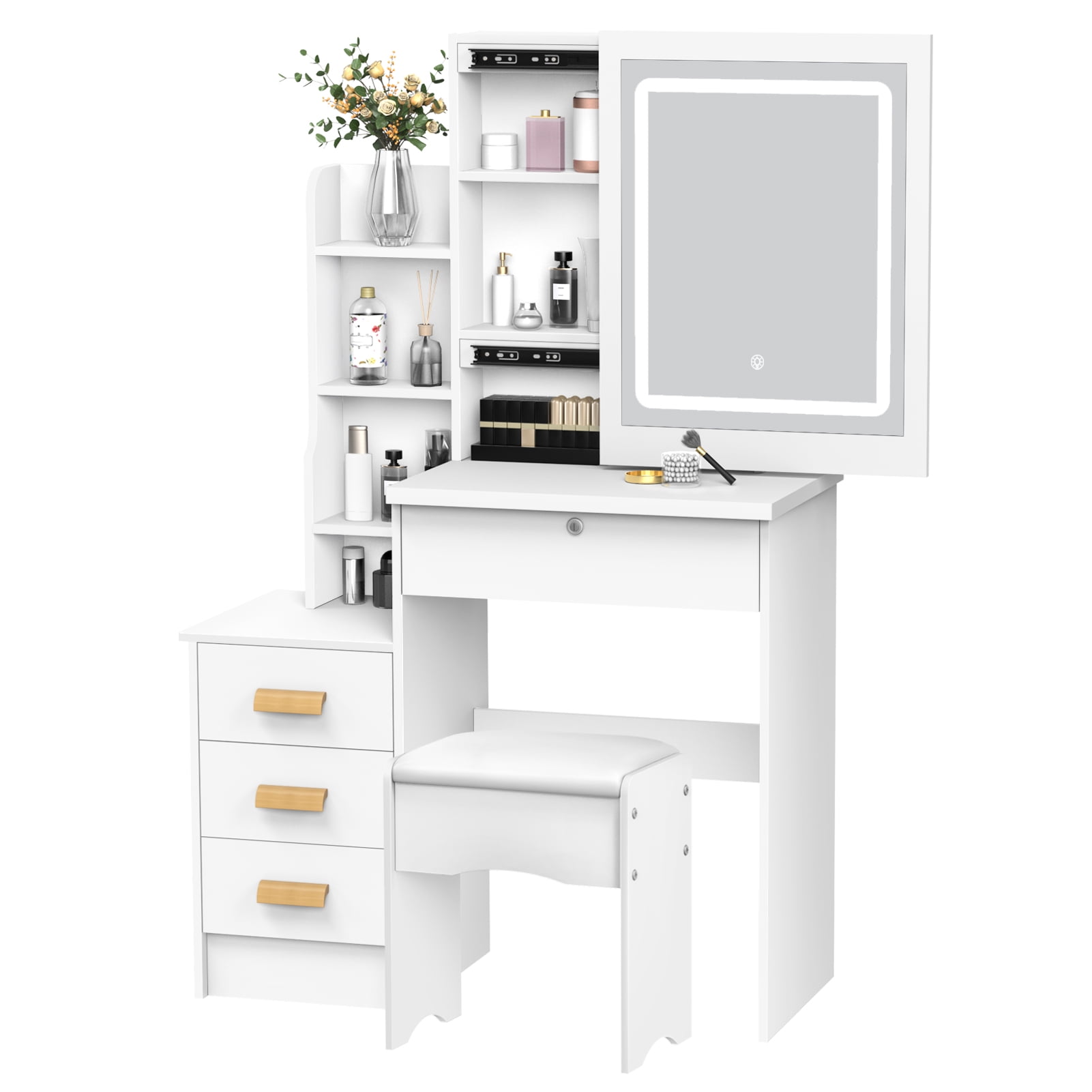 Nanly Makeup Desk, Vanity Desk with Sliding Mirror and Lights, Makeup ...