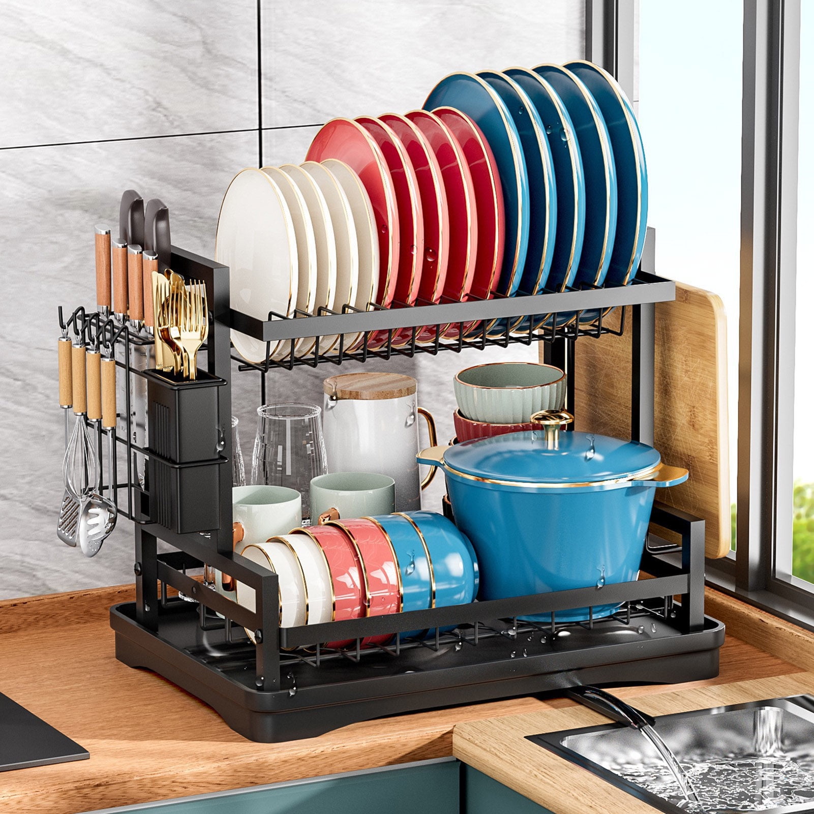 Nanly Over The Sink Dish Drying Rack, 2-Tier Dish Rack with Drainboard ...