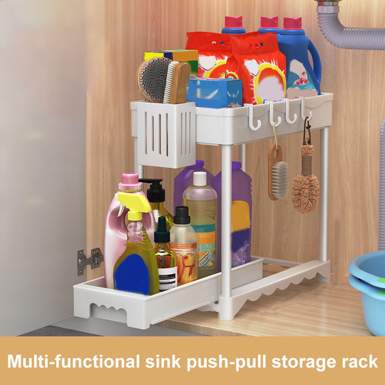 Nanly Under Sink Storage Rack, 2 Tiers Pull Out Bathroom Cabinet Organizer with Hook Easy ...