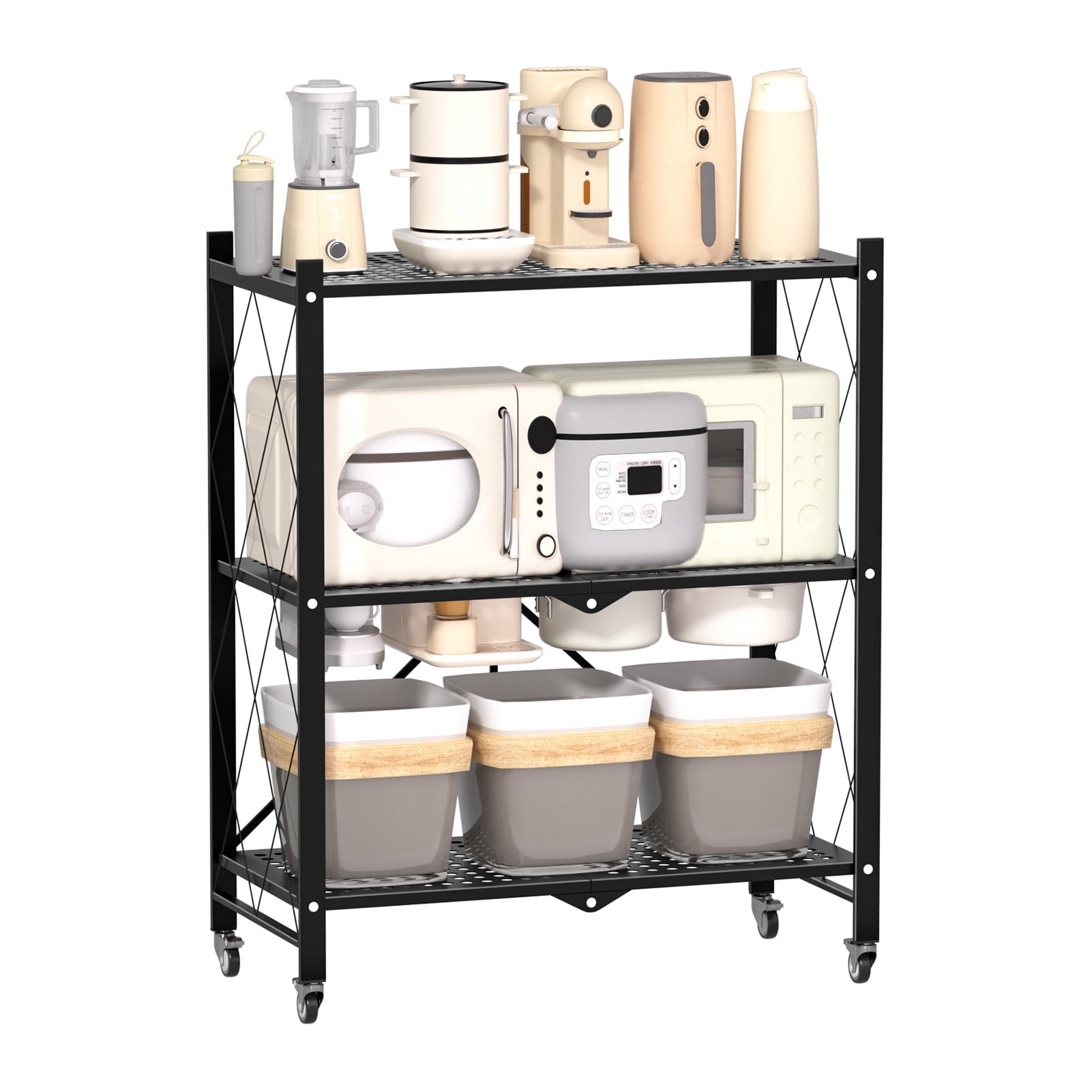 Nanly Storage Shelf with Wheels, 3 Tiers Foldable Shelf Metal Storage ...