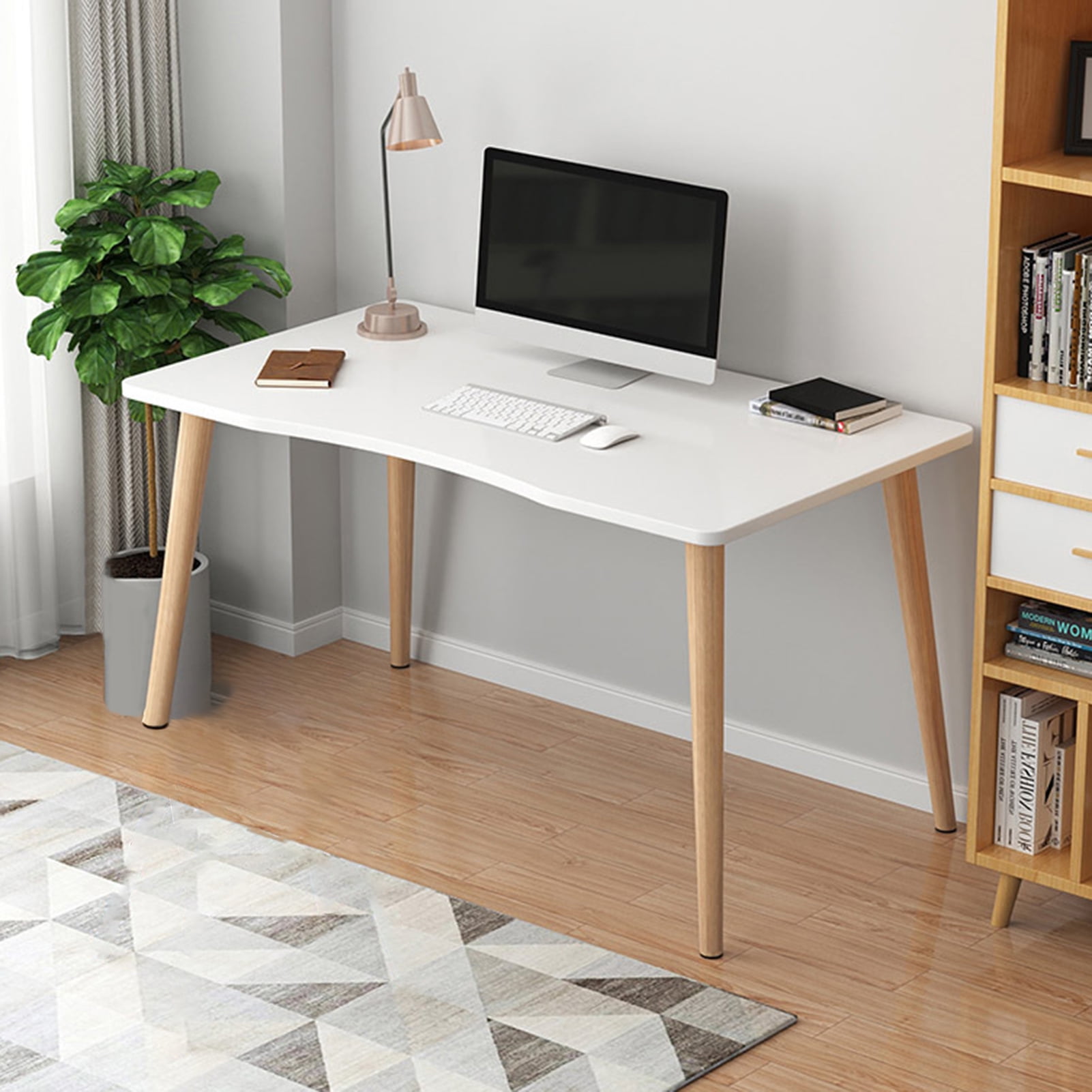 Nanly Study Desk, Computer Desk with Solid Wood Legs & Rounded Corner ...
