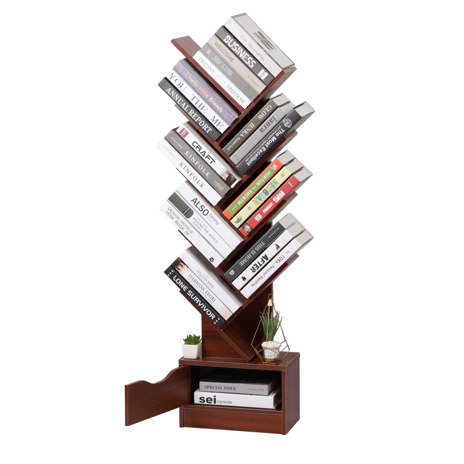 Nanly Tree Bookshelf, 9-Tier Tree Bookcase with Storage Drawer Modern ...