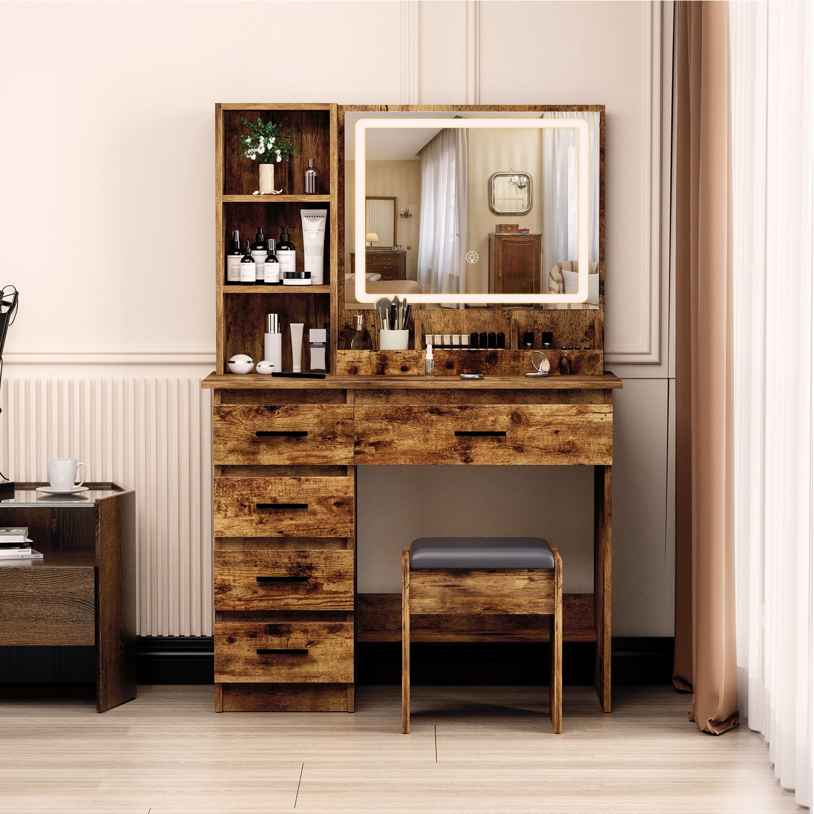 Nanly Vanity Desk with Mirror Light, Large Makeup Table with Storage ...