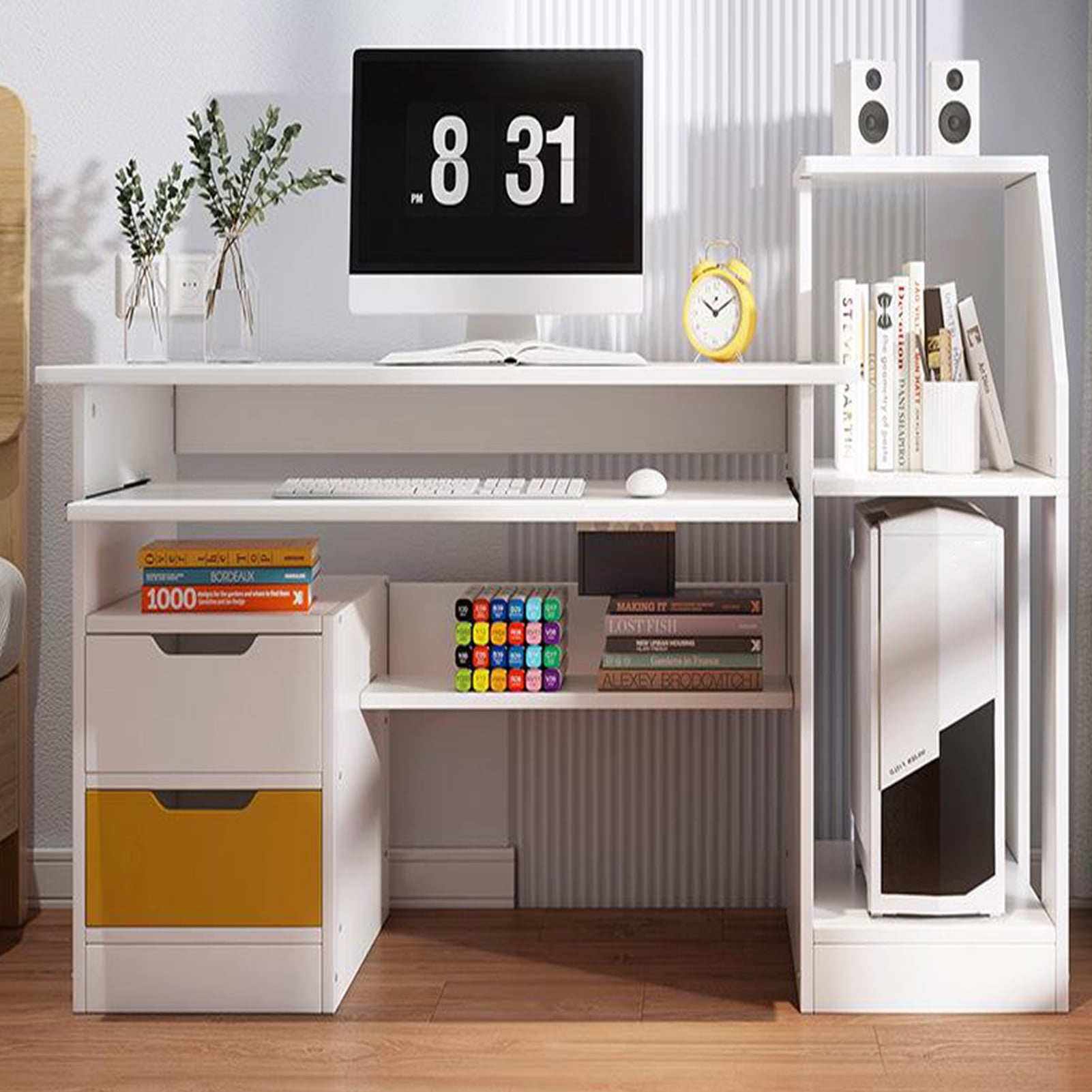 Nanly White Computer Desk with 2 Drawers and 3 Hutch Shelves, Laptop PC ...