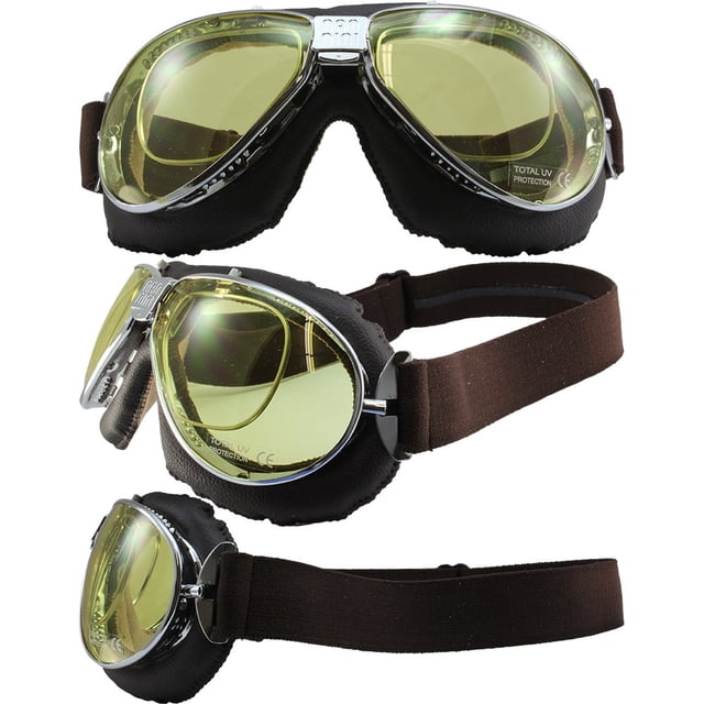 Nannini TT Hand-Sewn 4V Brown Leather Goggles Chrome Frames Yellow Anti ...