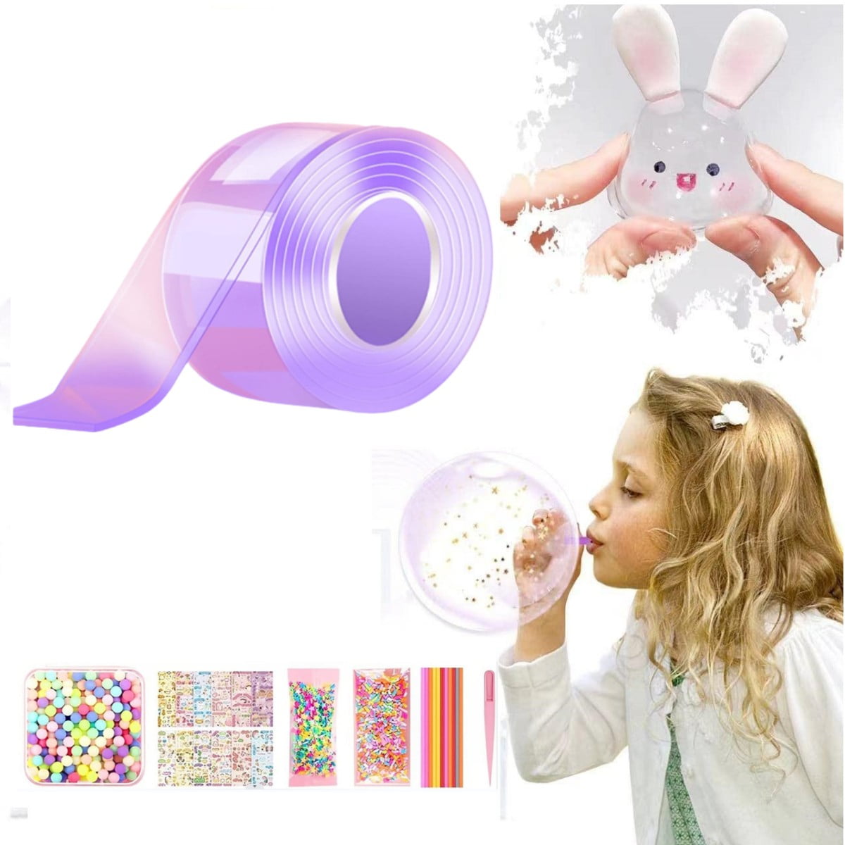 Nano Bubble Tape Kit with Sequins Sticker Straw,Self-Adhesive Nano Double Tape Bubble Inflatable ...