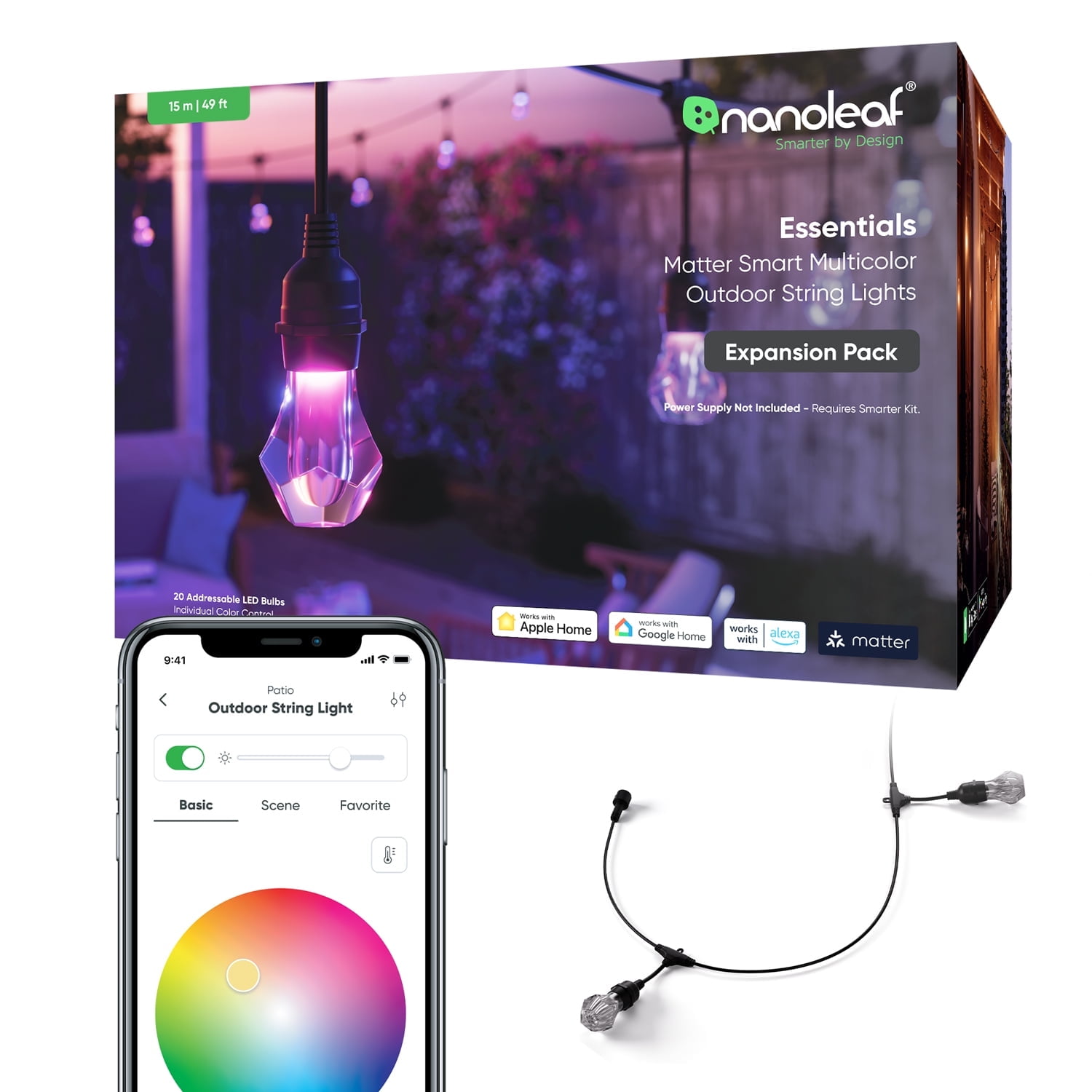 Nanoleaf Essentials Outdoor Smart String Lights Expansion Pack, 49ft ...