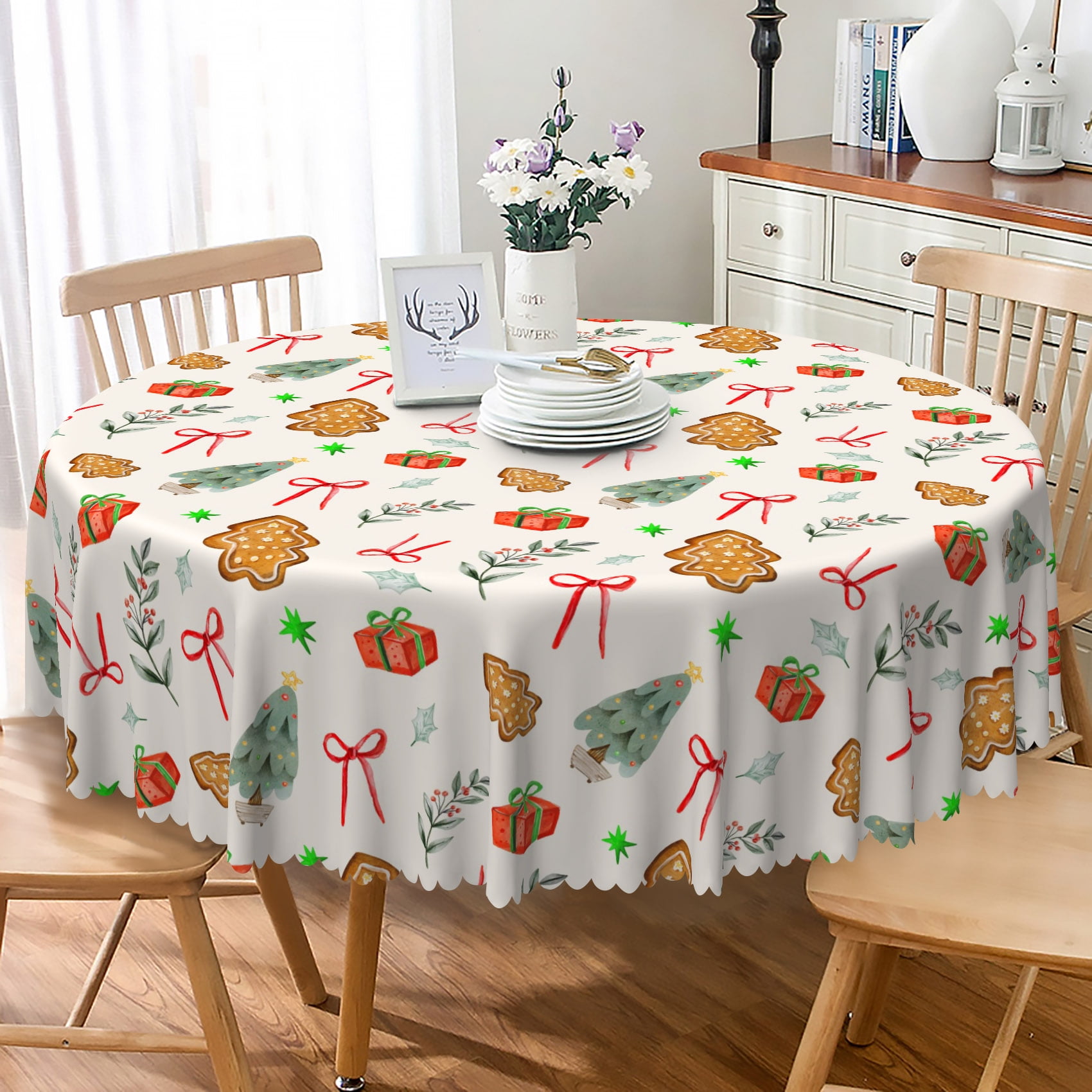 Nanqianyi Christmas Gingerbread Round Tablecloth 60 Inch, XMAS Trees ...