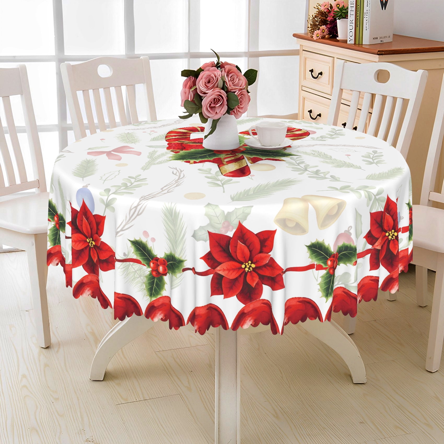 Nanqianyi Christmas Round Tablecloth 60 inch, Blooming Red Flowers Xmas ...
