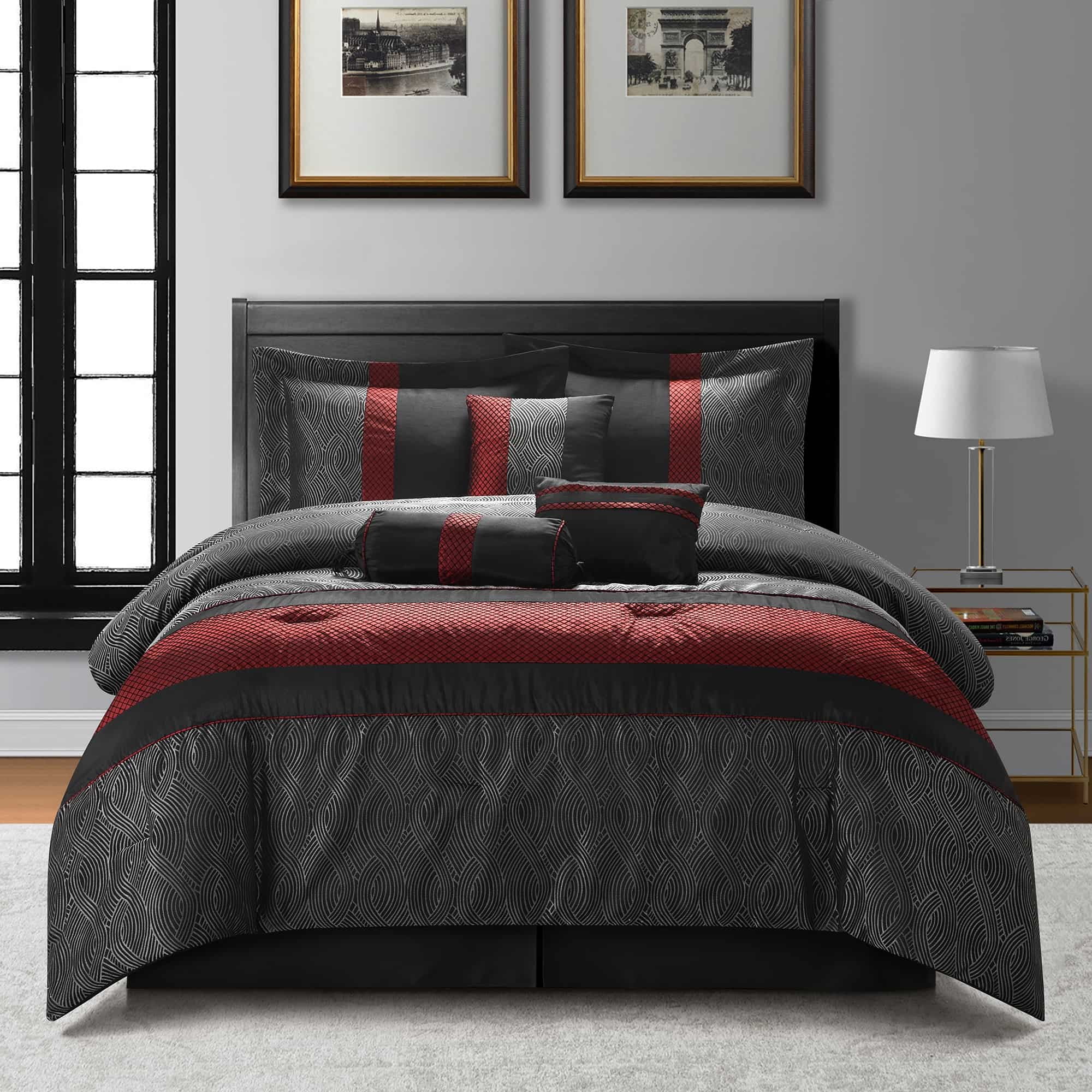 Nanshing Corell 7-Piece Black/Red Bedding Set, Contemporary Comforter ...