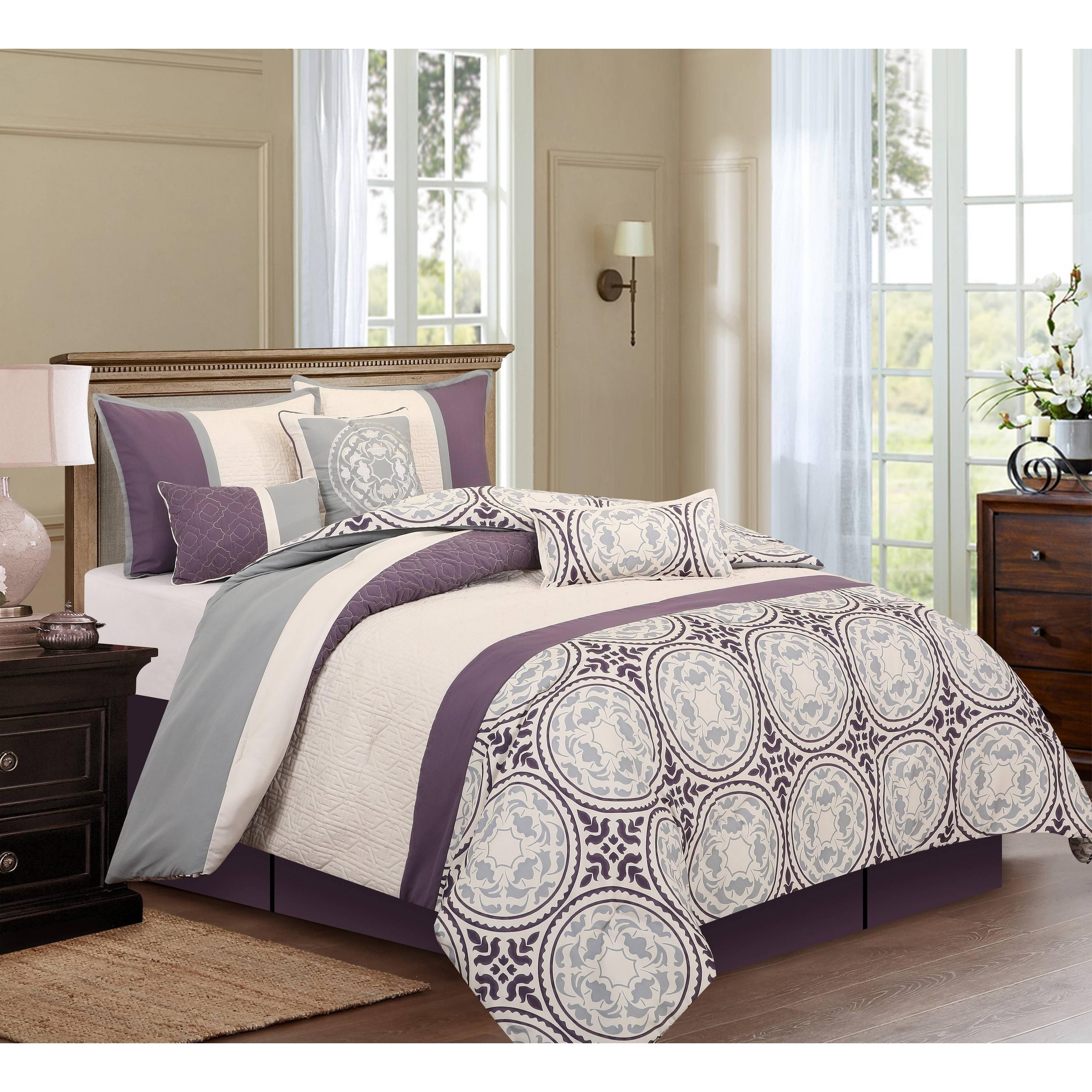 Nanshing Daffodil 7-Piece Medallion Print Comforter Set, Purple, King ...