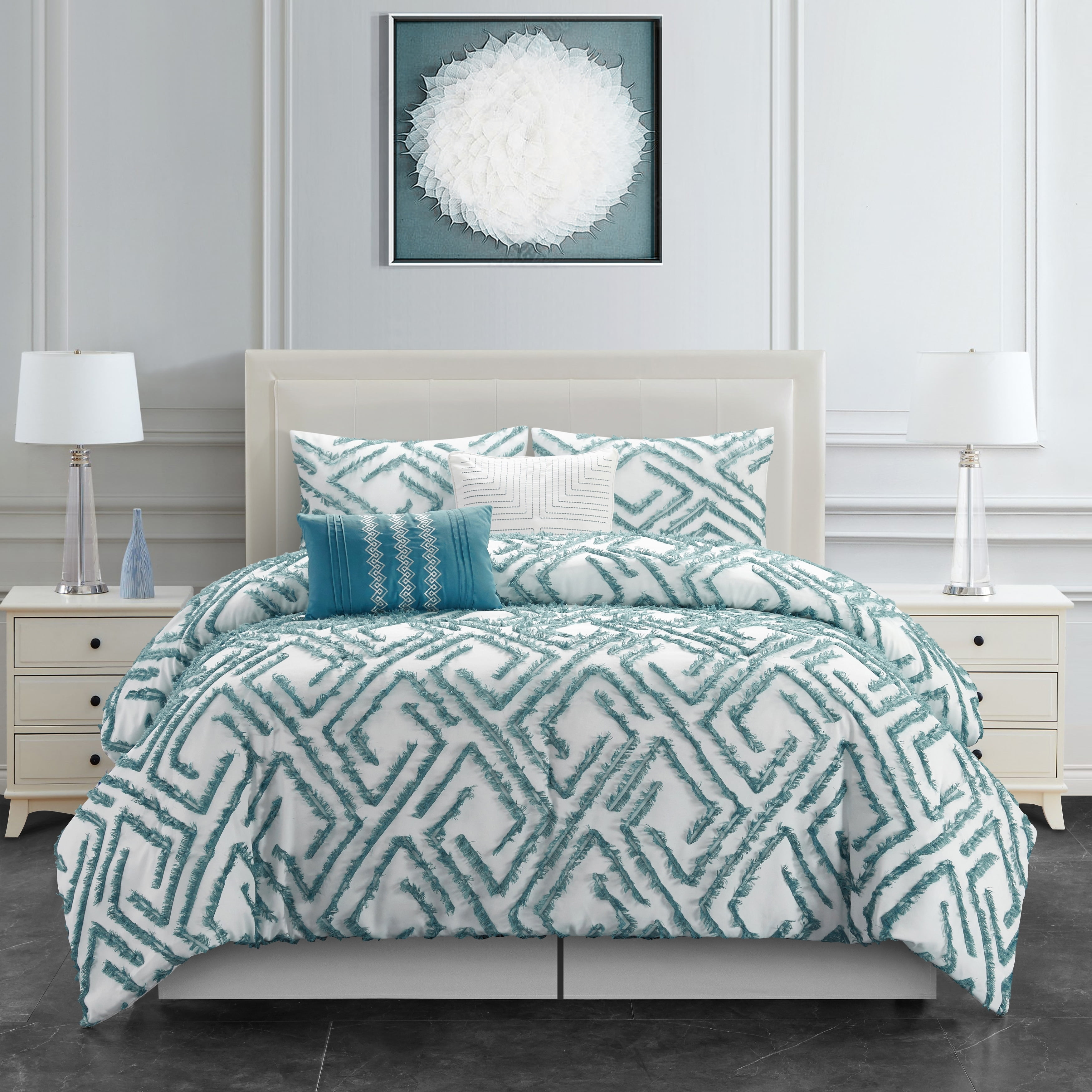 Nanshing Dessa 5-Piece Diamond Embroidery Comforter Set White/Jade Full ...