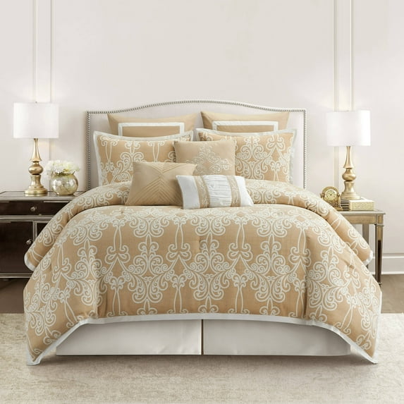 Nanshing Devi 9 Piece Scroll Transitional Comforter Set, Queen, Gold ...
