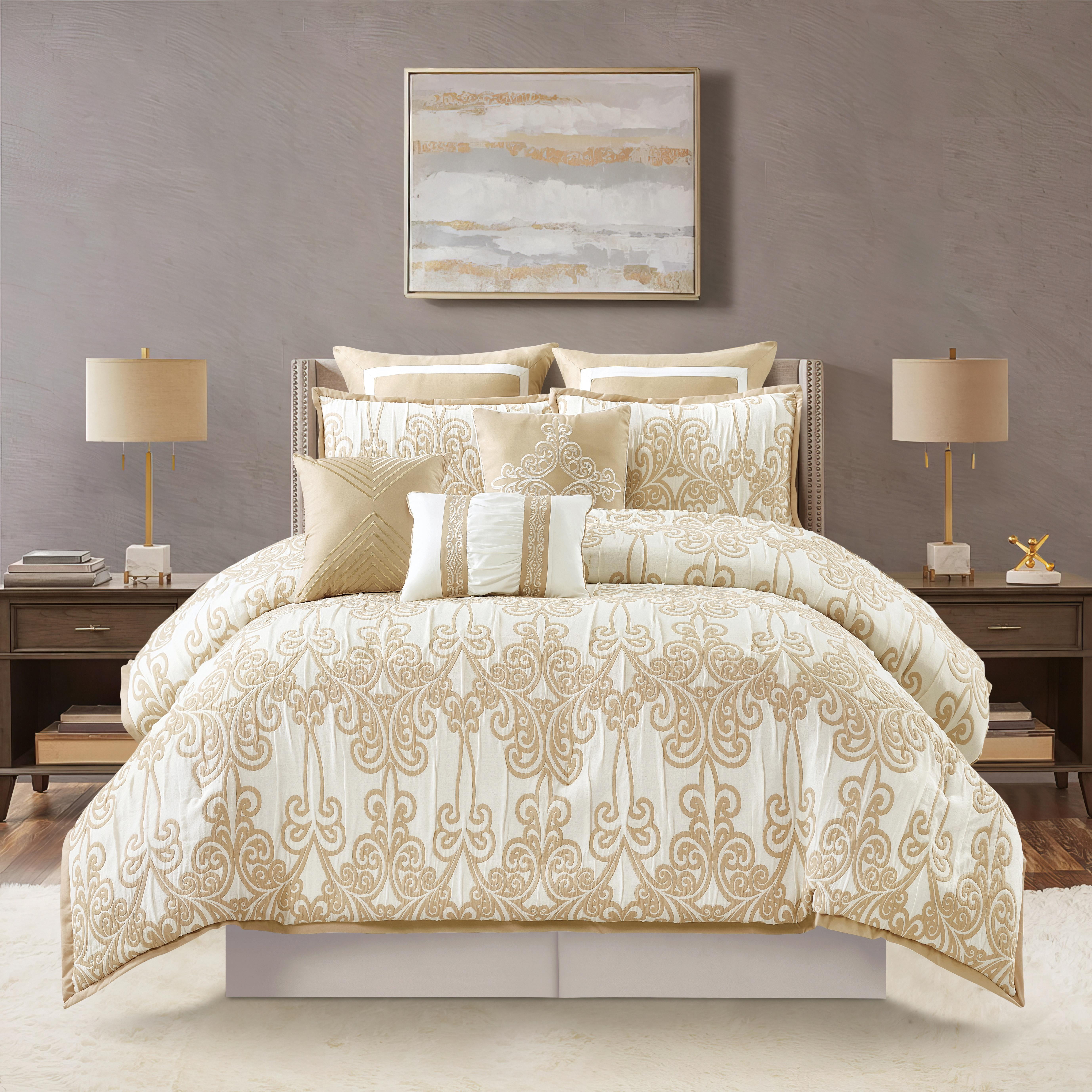 Nanshing Dilma 9 Piece Traditional Scroll Comforter Set, Beige Gold ...