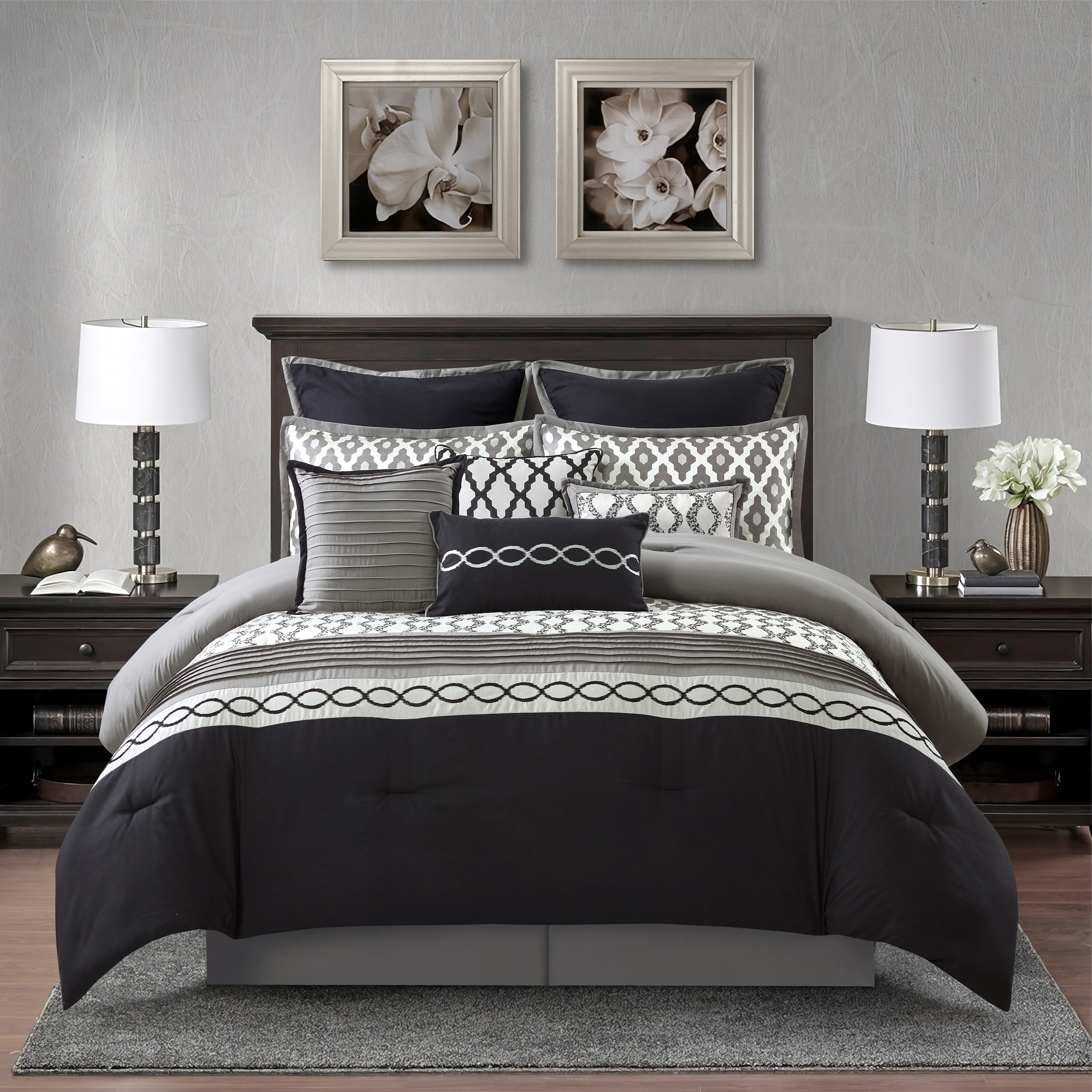 Nanshing Donovan 10PC Geometric Luxury Comforter Set, Black, King ...