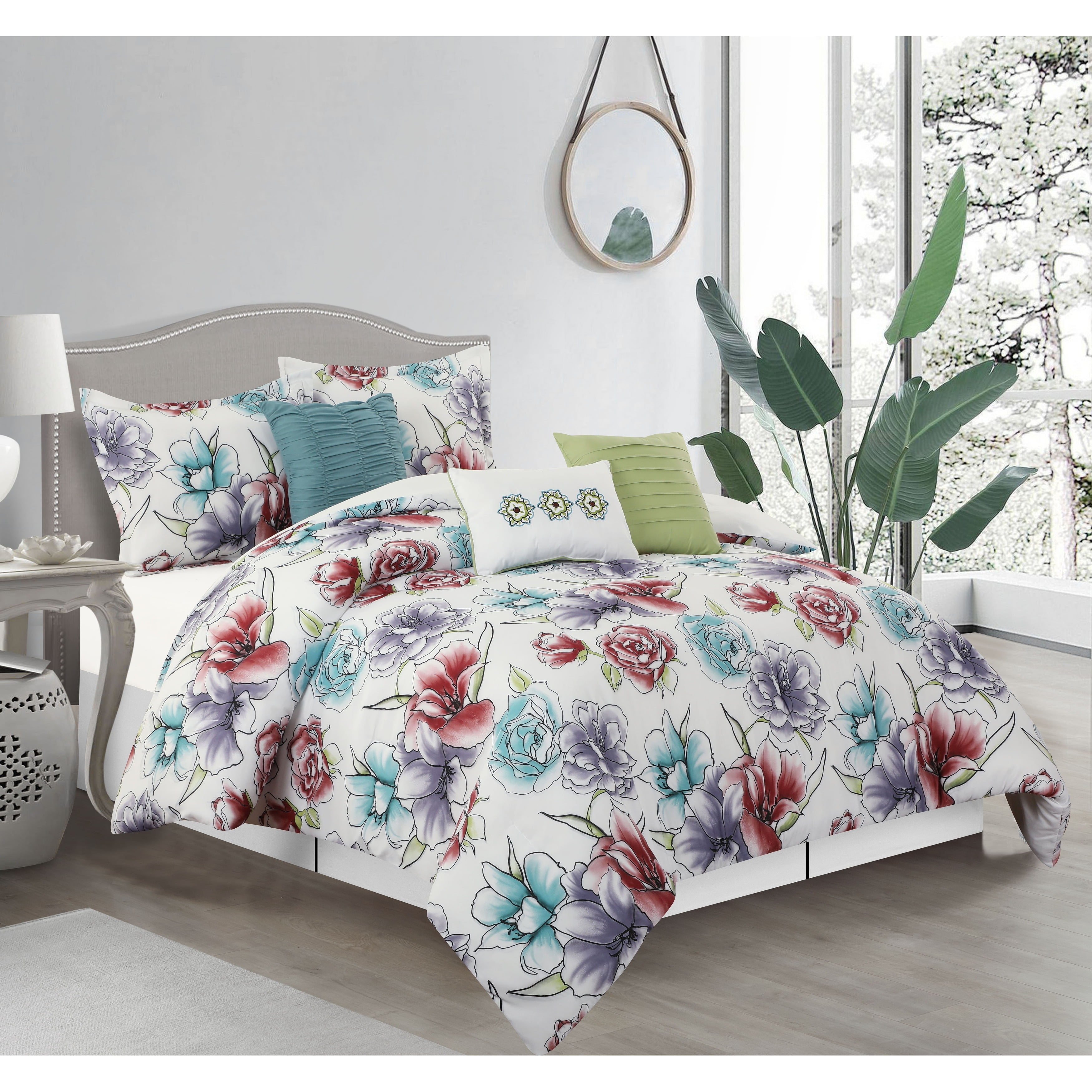 Nanshing Florence 7-Piece Floral Comforter Set, Modern Bedroom Bedding ...