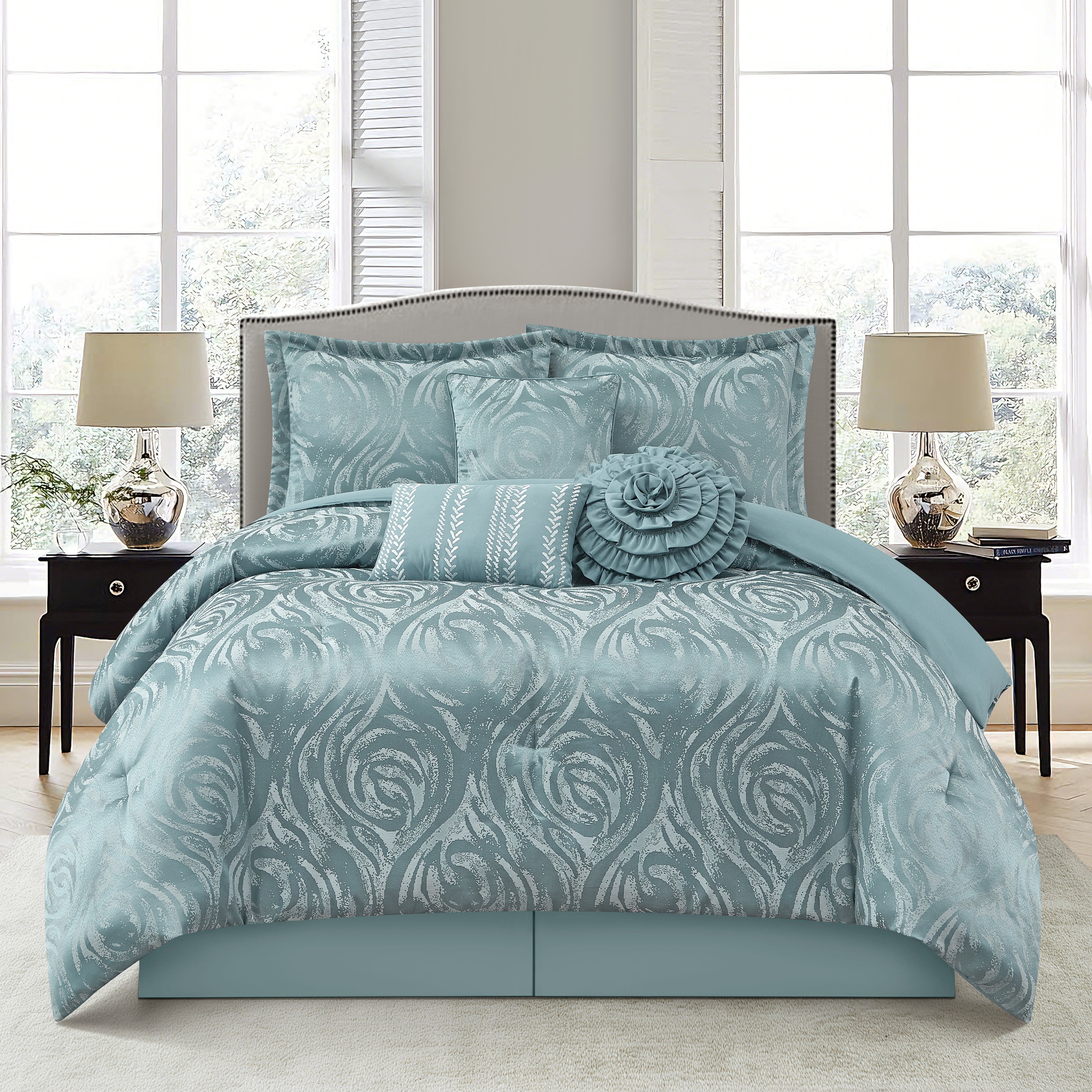Nanshing Home 7 Piece Blue Jacquard Comforter Set, King Size, Floral ...