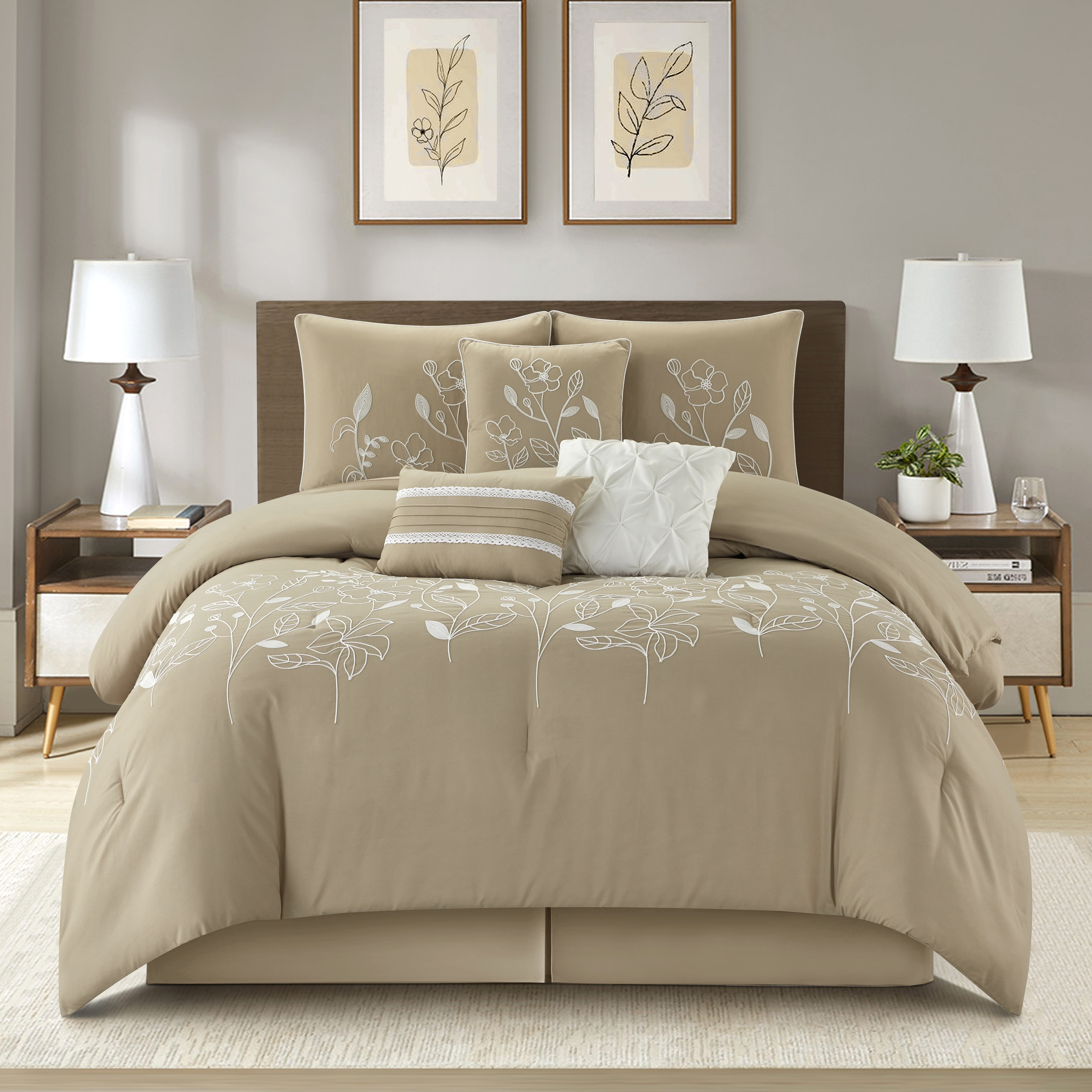 Nanshing Ines 7 Piece Chic Botanical Comforter Set, Taupe, Queen ...