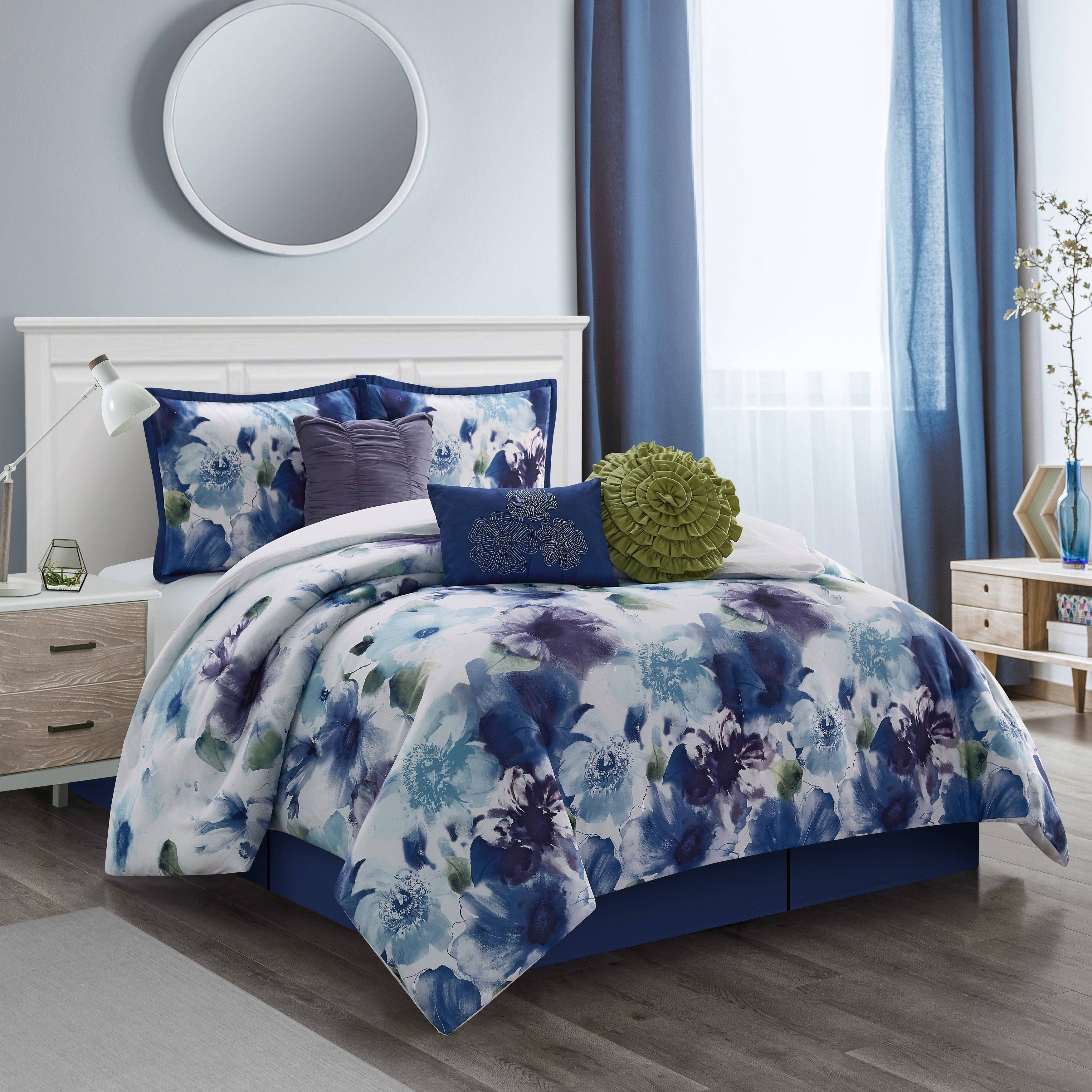Nanshing Krista 7 Piece Floral Bedding Comforter Set, Blue/Purple ...