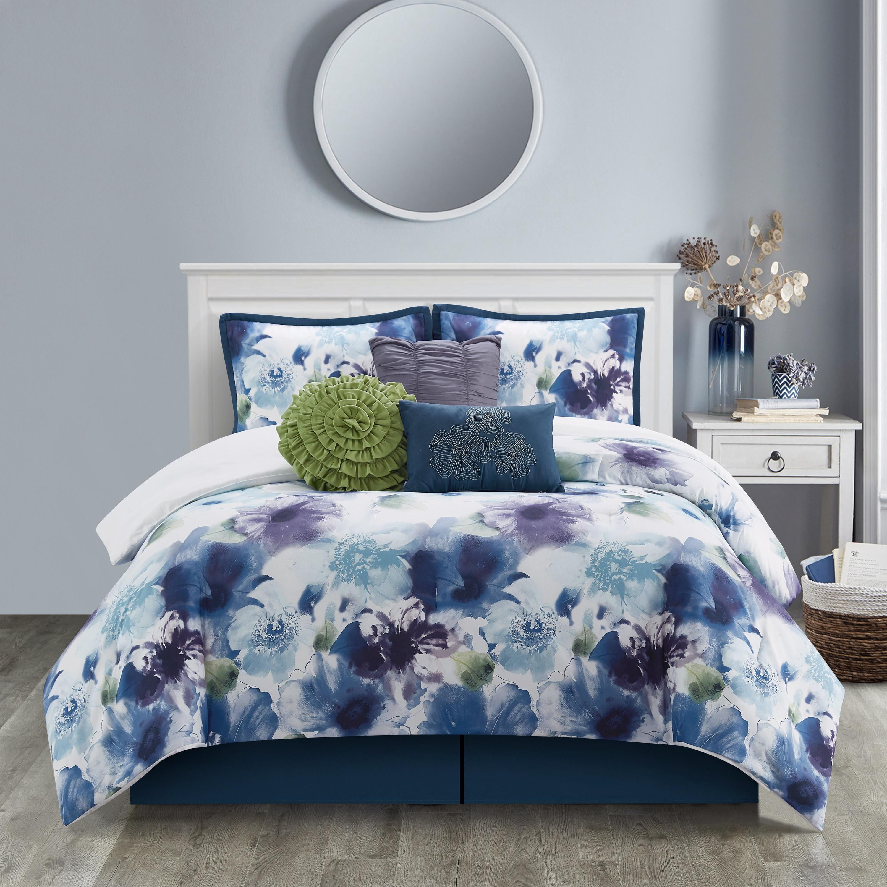 Nanshing Krista 7 Piece Floral Bedding Comforter Set, Purple/Blue ...