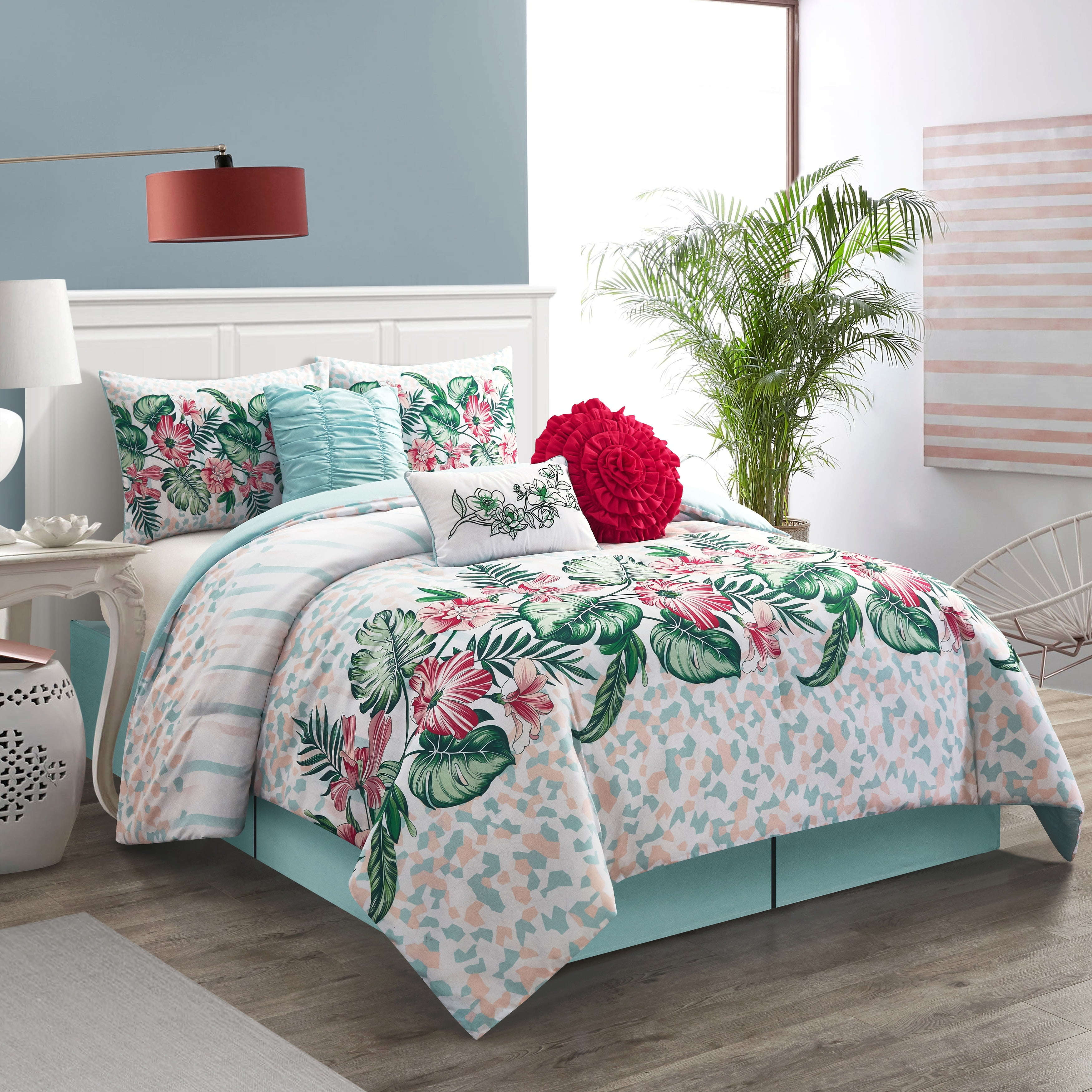 Nanshing Marlene 7-Piece Tropical Comforter Set King, Red and Green ...