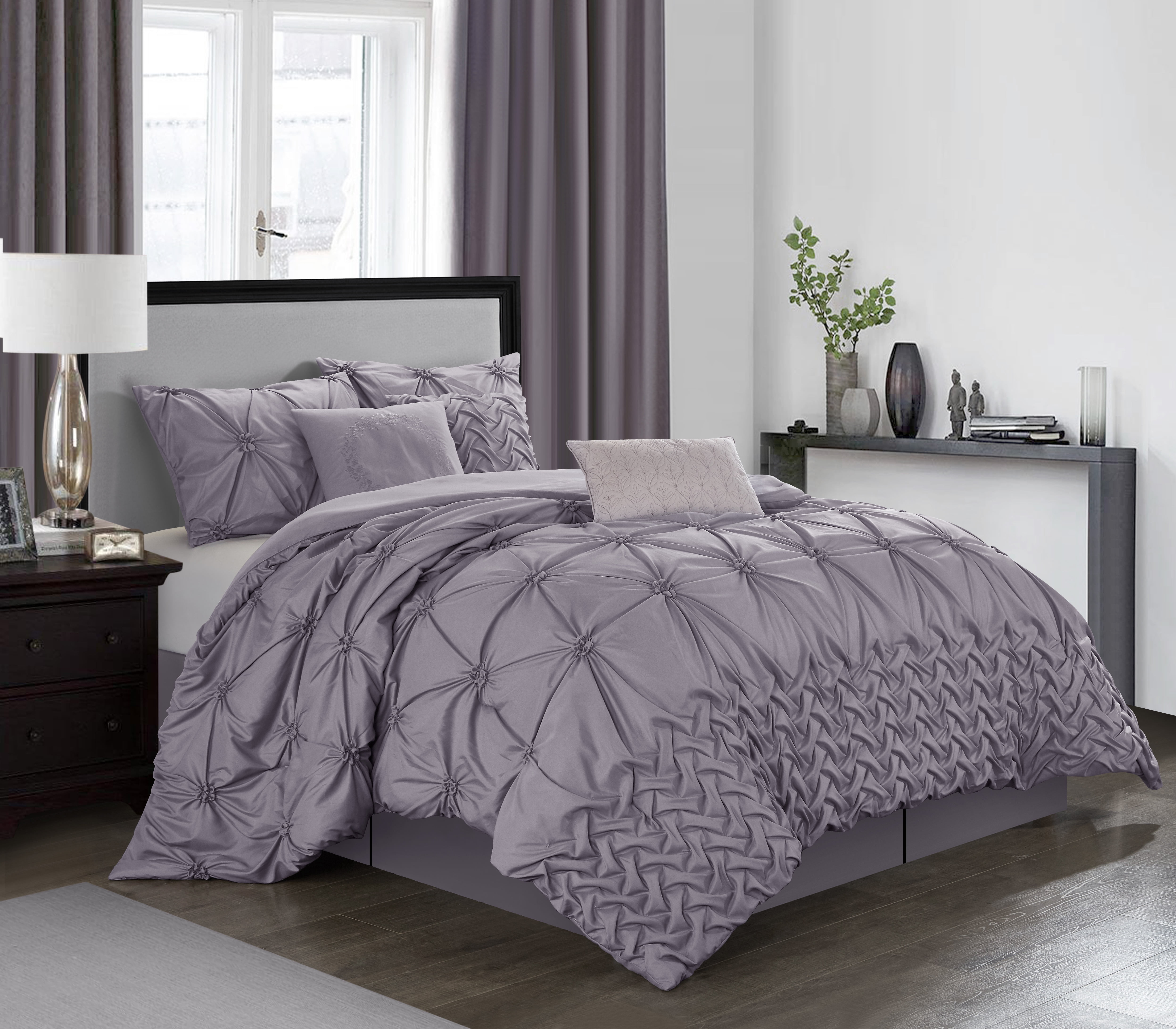 Nanshing Morgan 7 Piece Pinch Pleat Comforter Set, Purple, Queen ...